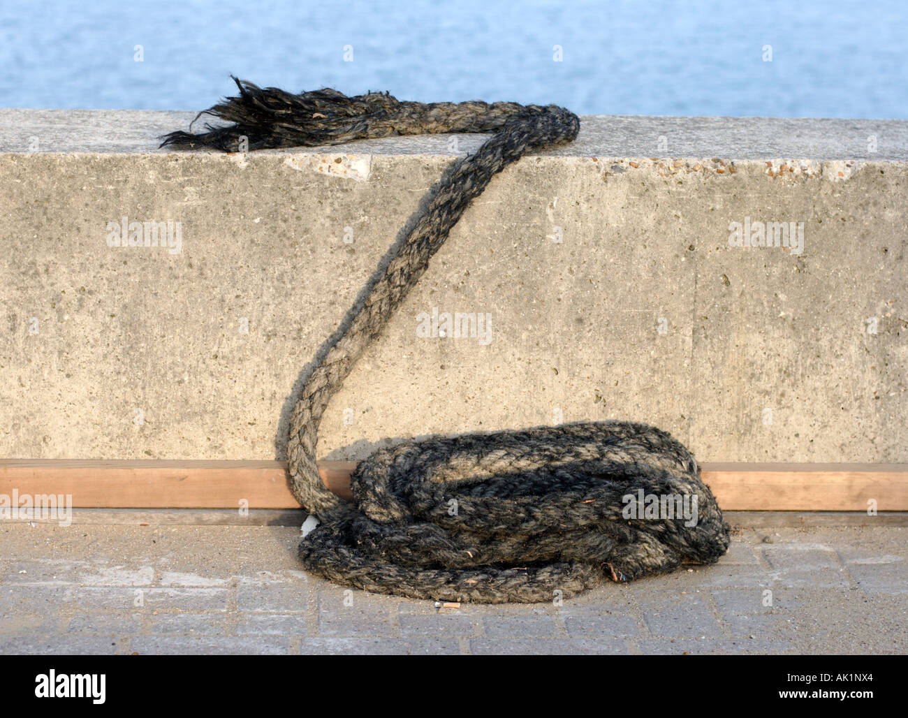 Coil of rope on sea wall resembling a snake Stock Photo - Alamy