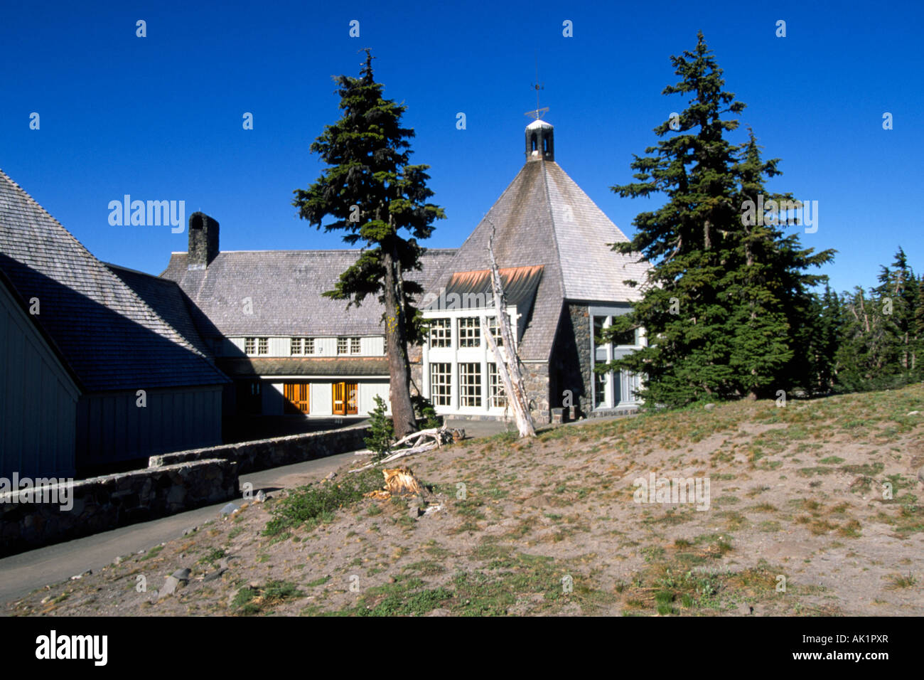 A view of massive and historic Timberline Lodge, on the slopes of Mount ...