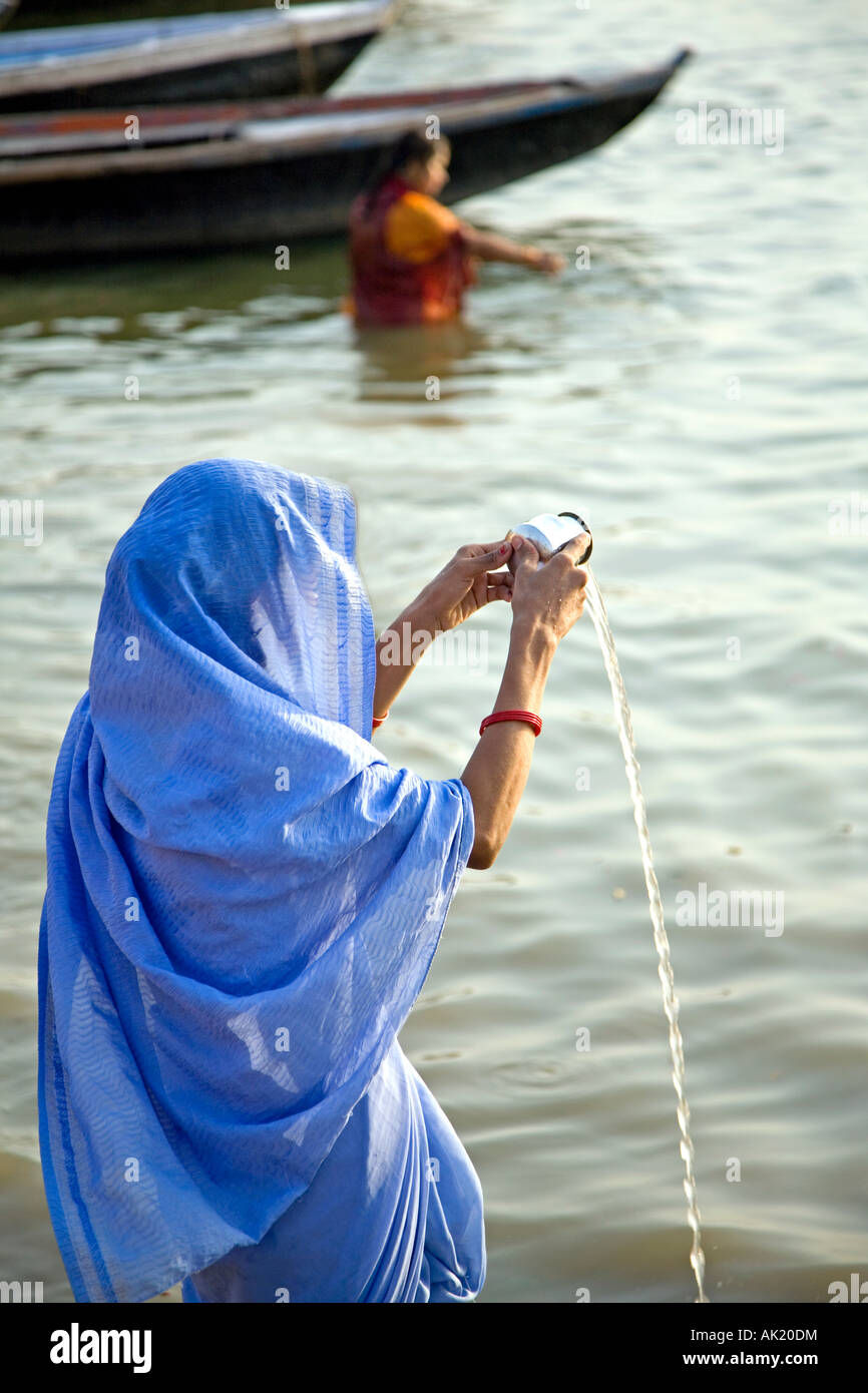 Puja ceremony. Tulsi Ghat. Ganges river. Varanasi. India Stock Photo ...