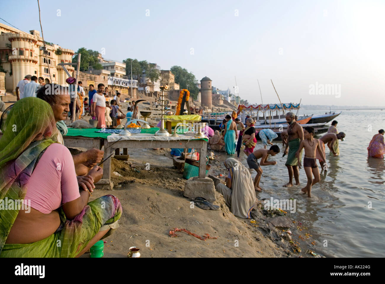 Ritual morning bath. Assi Ghat. Ganges river. Varanasi. India Stock ...