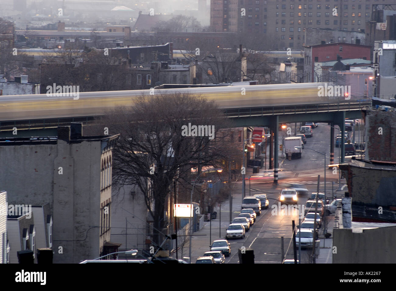 Sunset afternoon Train M elevated Bushwick Brooklyn New York City USA ...