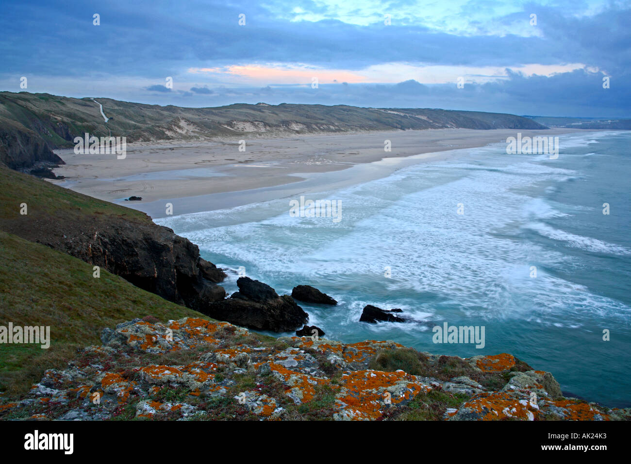 perran sands from Ligger Point cornwall Stock Photo - Alamy