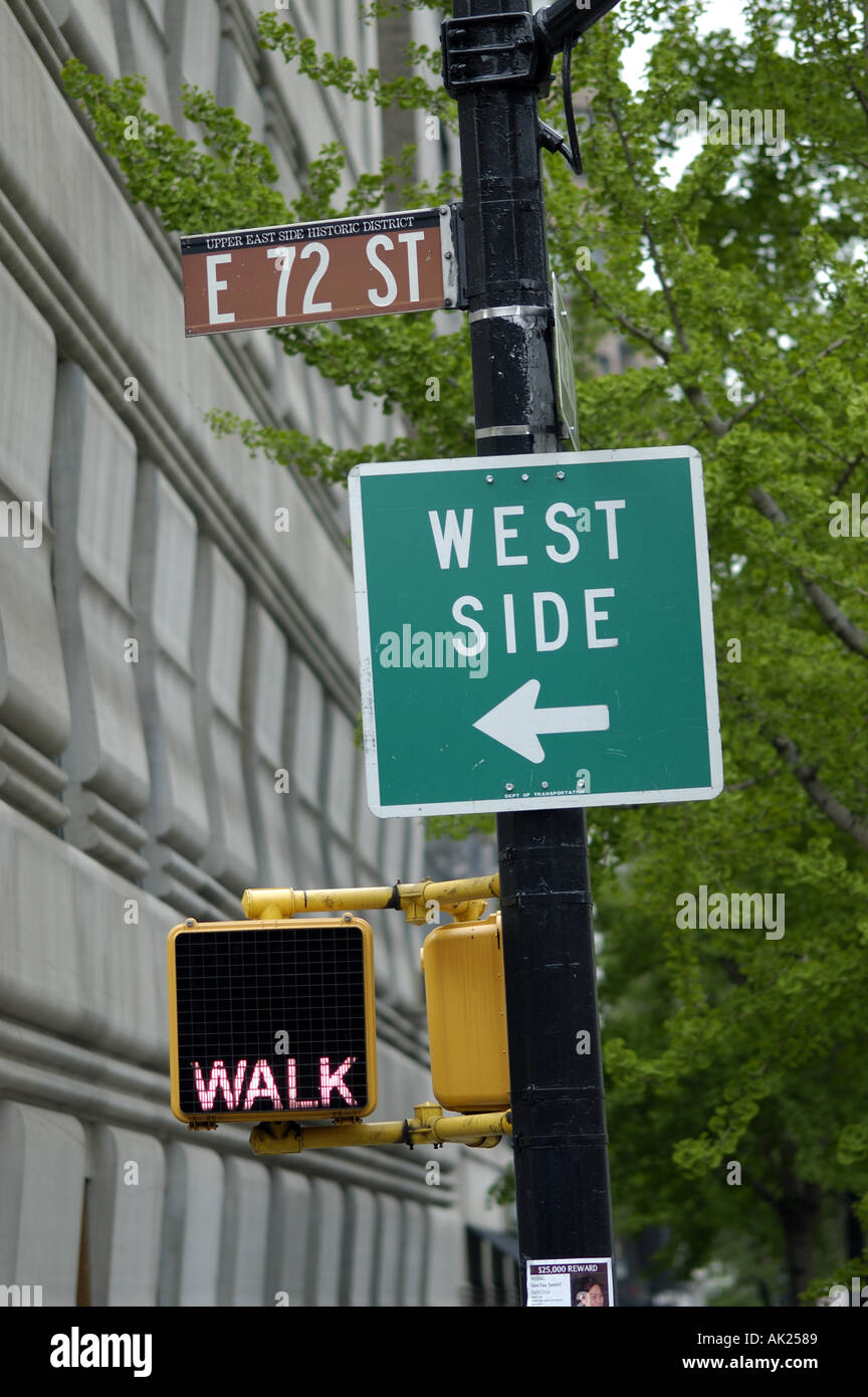 West Side trees Manhattan New York NY Sign signs street vertical Stock ...