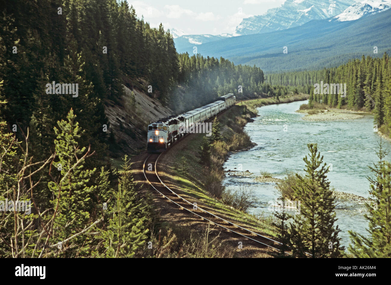 BANFF NATIONAL PARK Alberta Canada JUNE ROCKY MOUNTAINEER train nearing ...