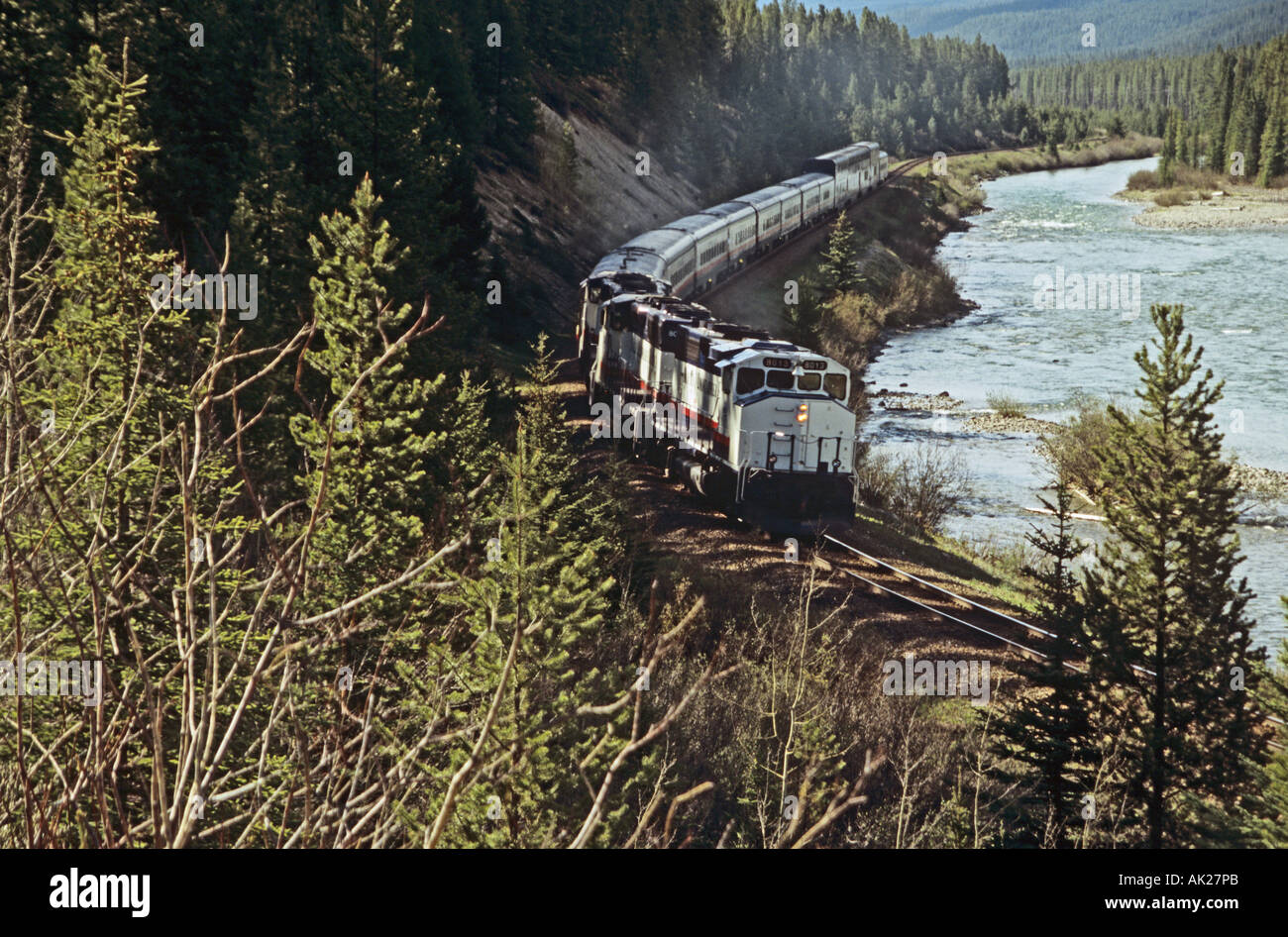 BANFF NATIONAL PARK Alberta Canada JUNE ROCKY MOUNTAINEER train nearing ...