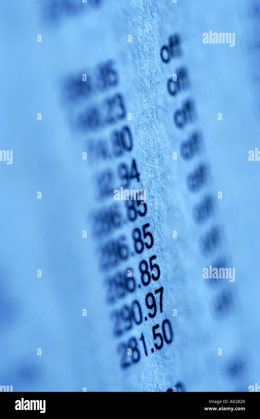 Vertical tables amounts numbers sums blue on white paper vertical Stock ...