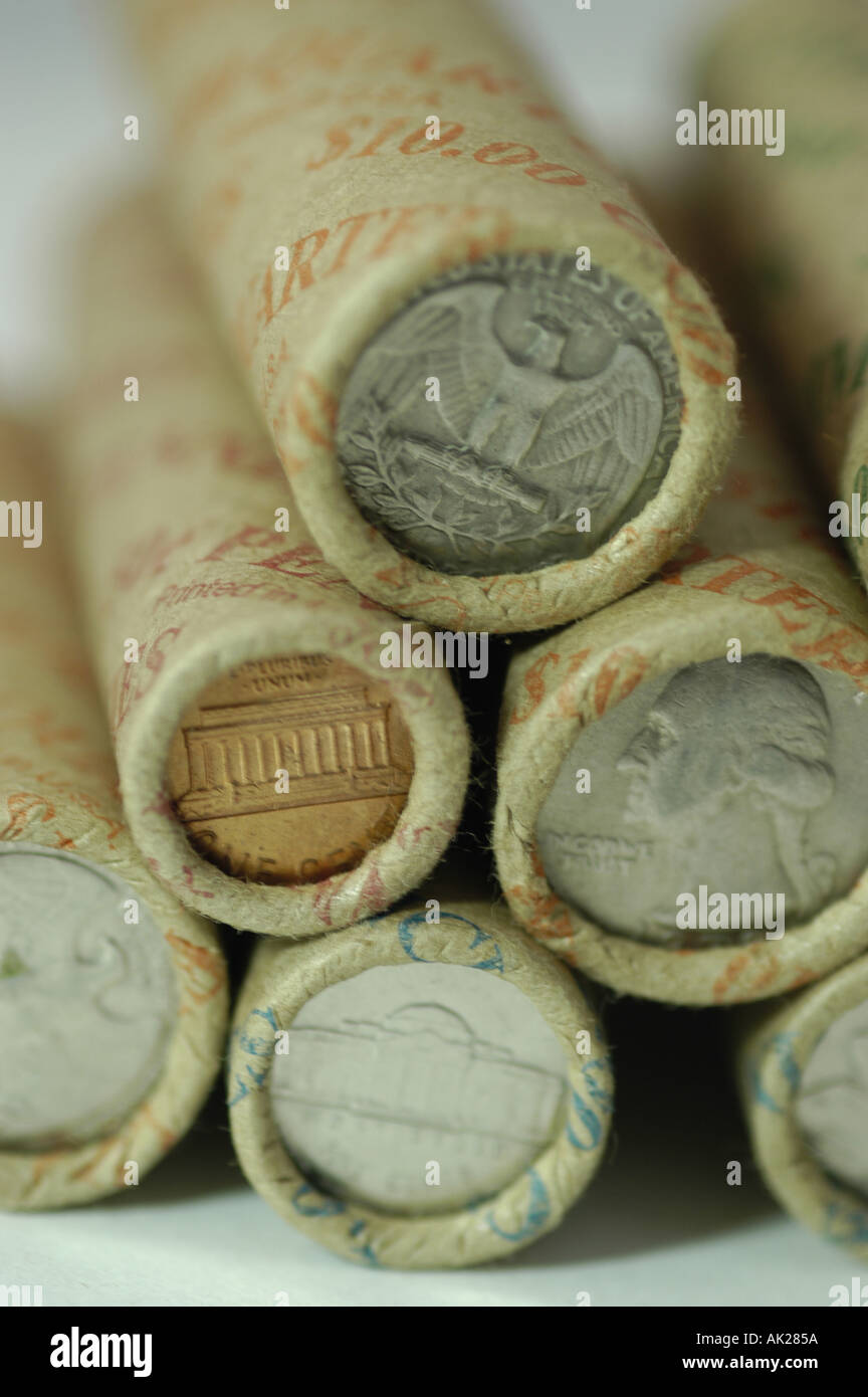 Rolls of US coins Packed Stacked horizontal Stock Photo - Alamy
