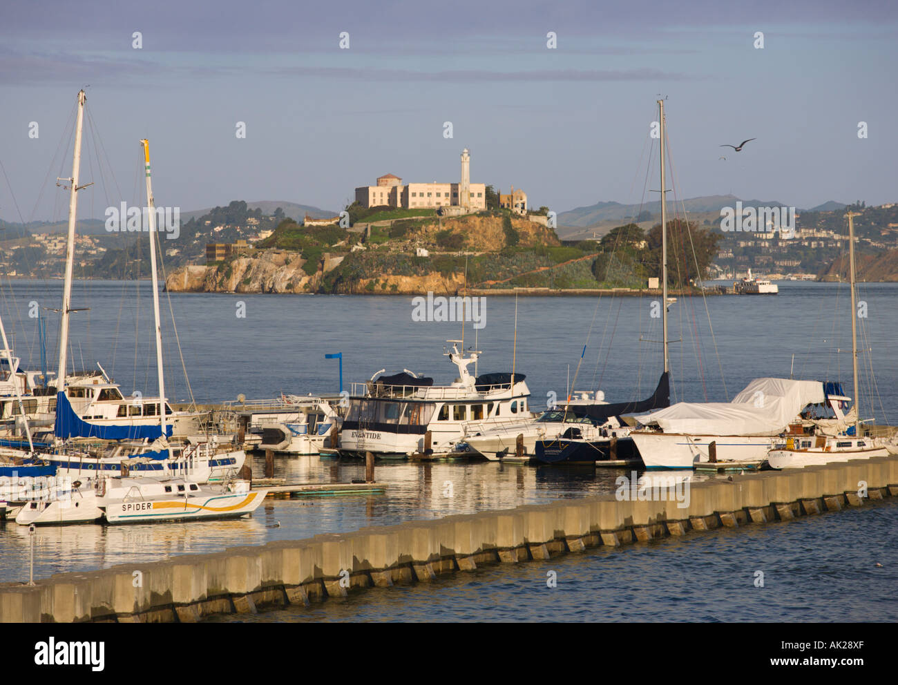 The infamous Island of Alcatraz with yacht marina in foreground in San ...