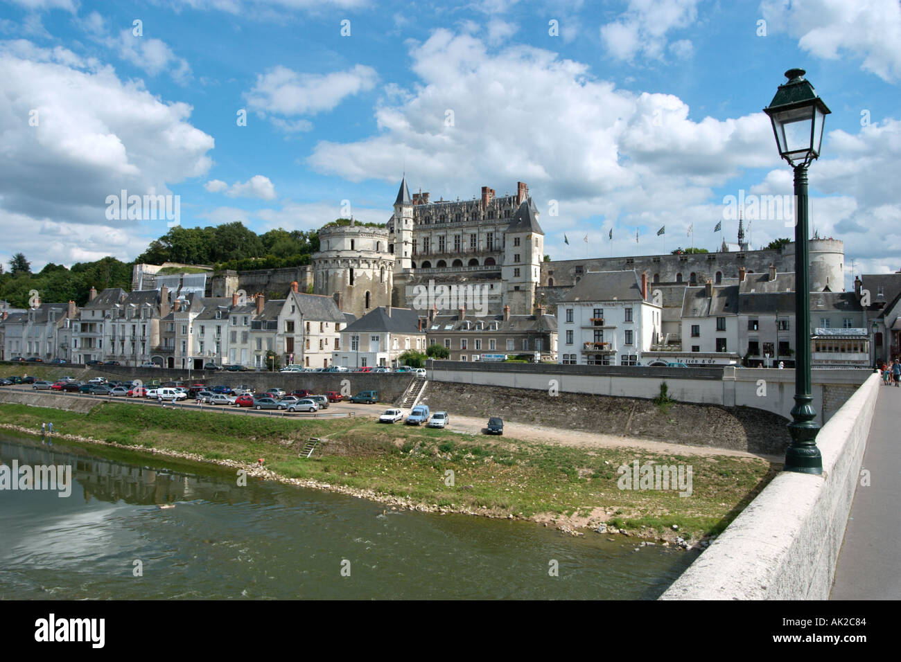 The old town and chateau from the bridge across the River Loire ...