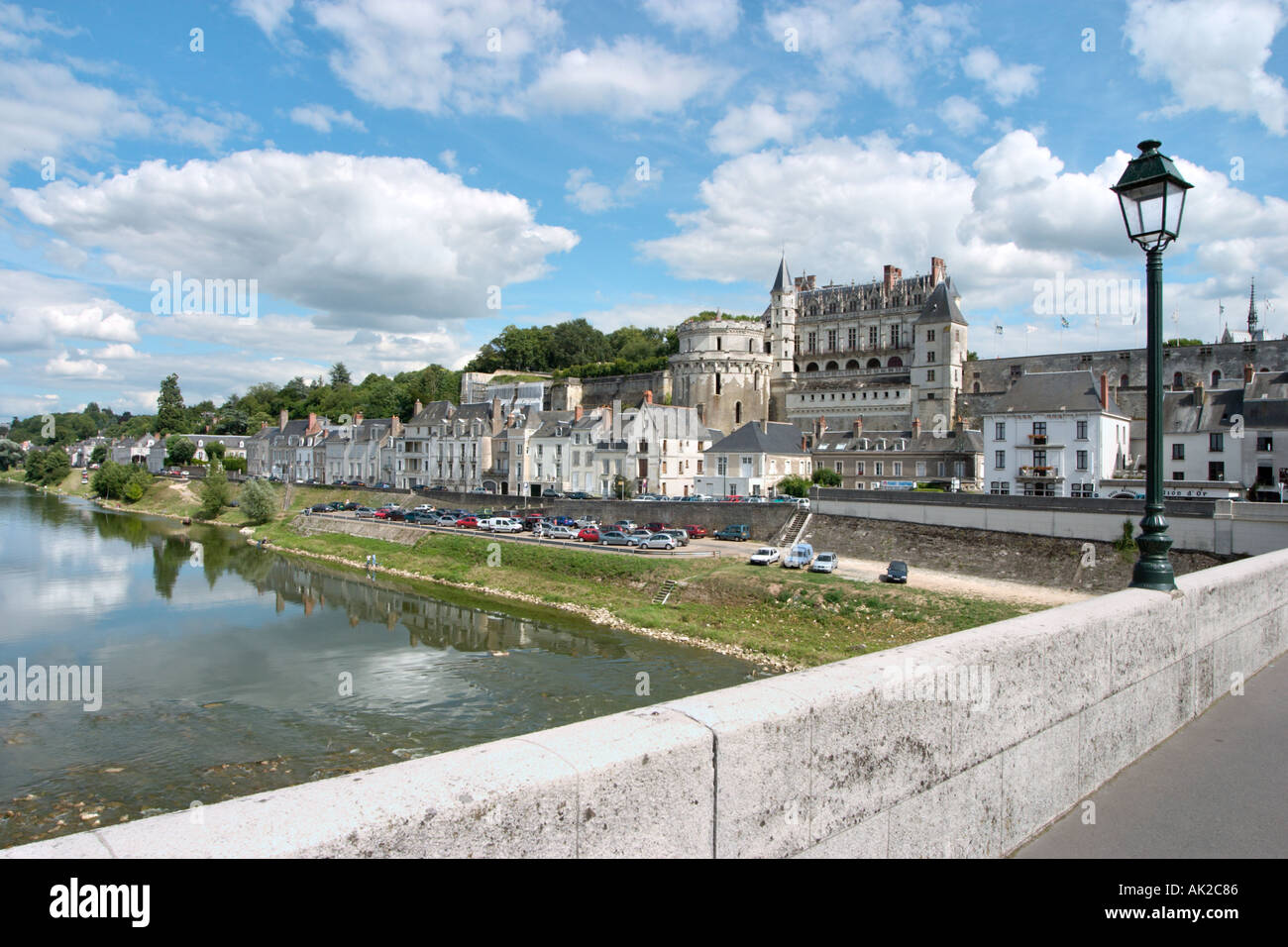 The old town and chateau from the bridge across the River Loire ...