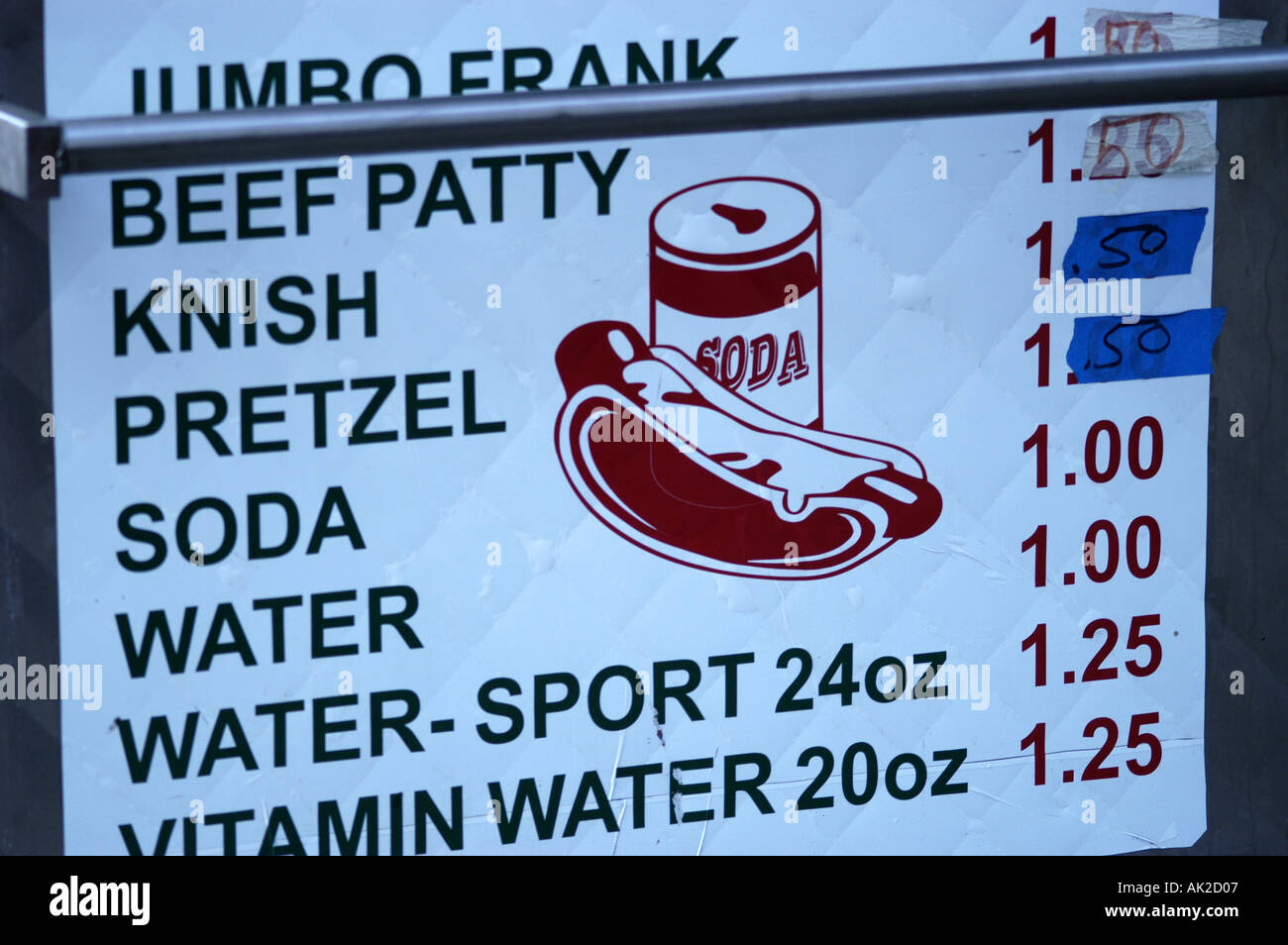 Knish Pretzel Soda NY Street signs vendor pricelist horizontal Stock ...