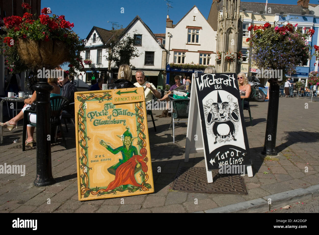 Funky signs Town centre high street Glastonbury Somerset England ...