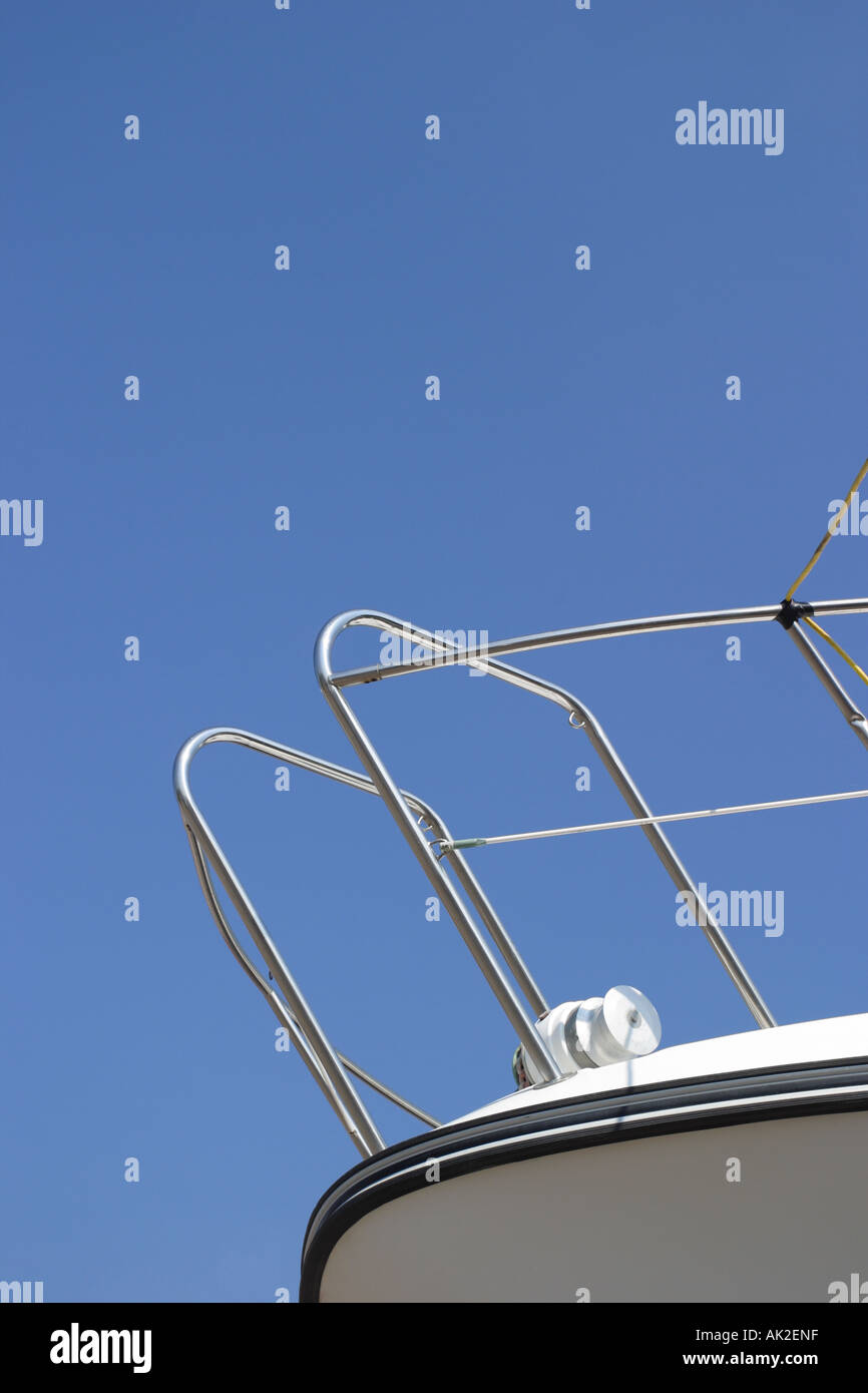 Luxury motor boat bow railings against blue sky Stock Photo - Alamy