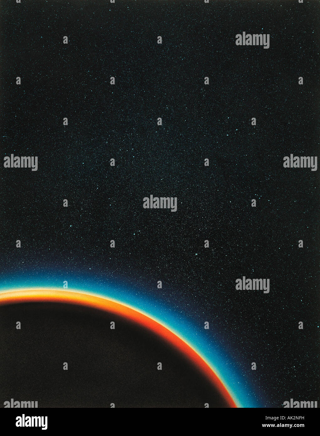 Conceptual painting of atmospheric glow at planet's edge and stars in ...