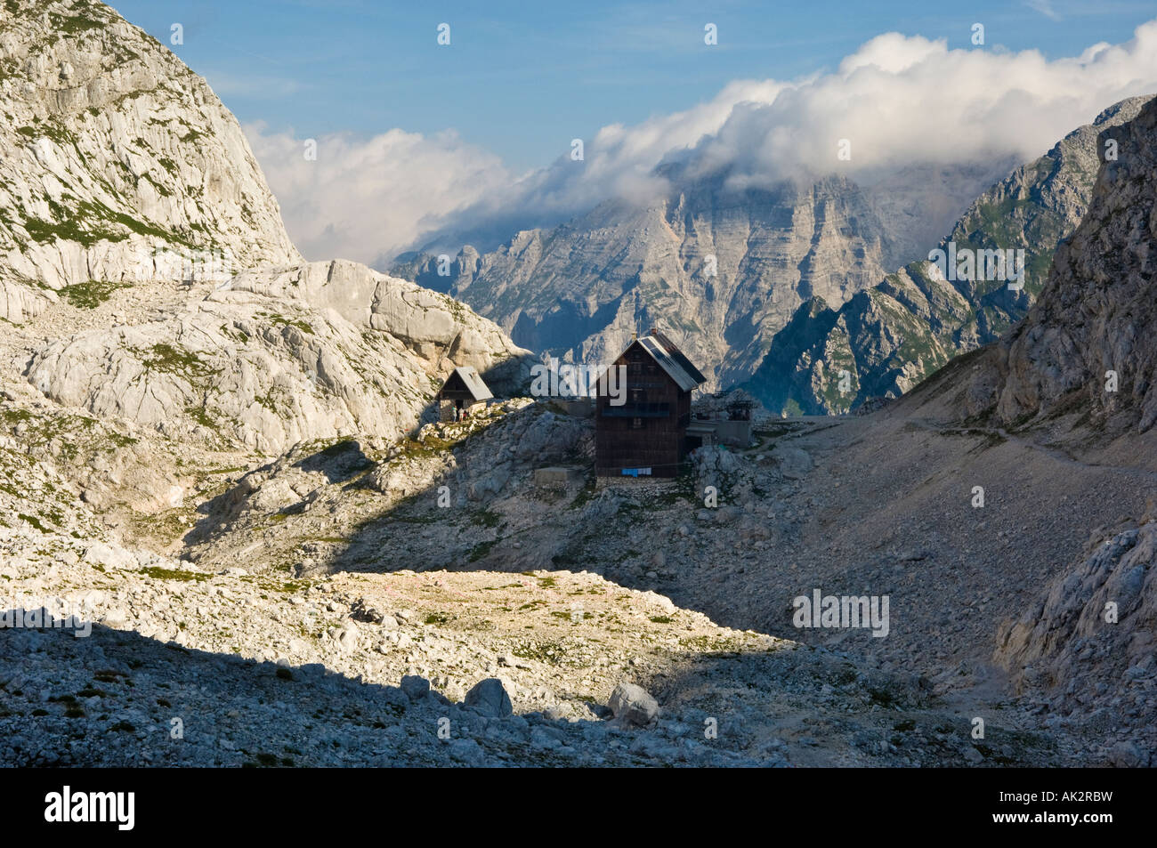 View over the Dolic hut Trzaska koca in the Triglav range of the Julian ...