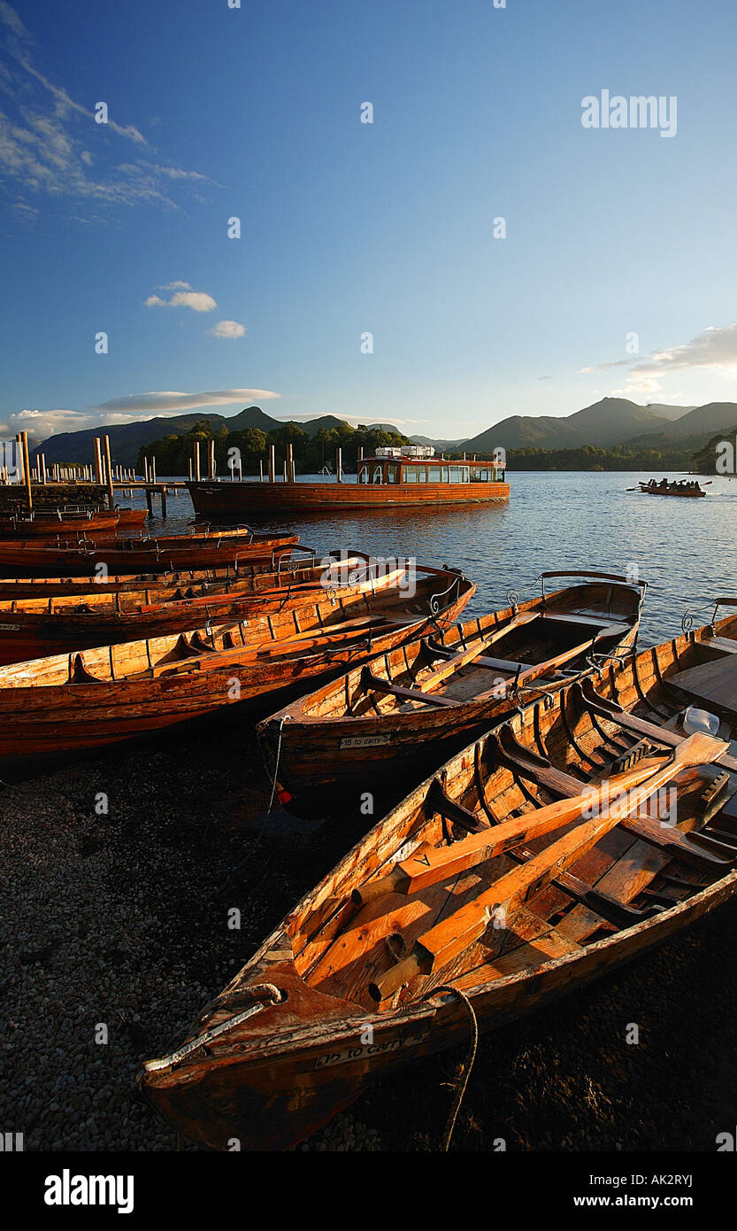 Wooden rowing boats Keswick Landing Stages Derwent Water Lake District ...