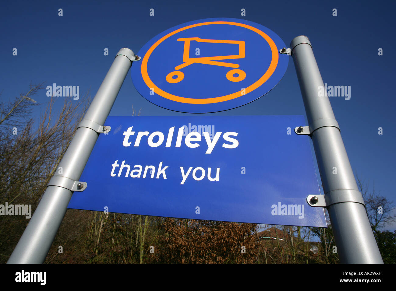 Sign at trolley station in supermarket car park Colchester Essex ...
