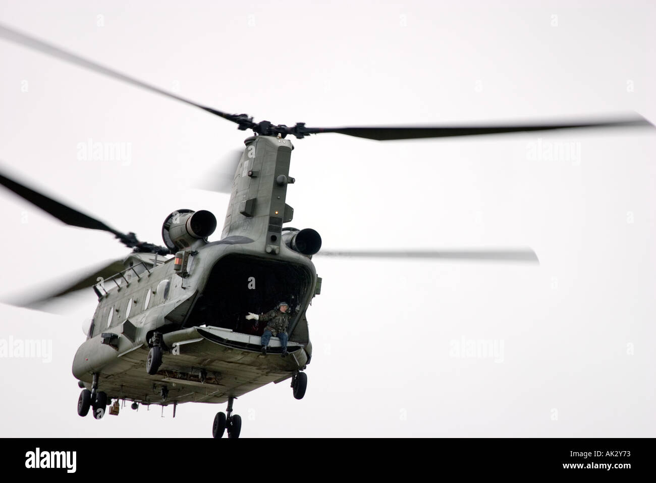 RAF Boeing CH 47 Chinook in flight with rear cargo door down Stock ...