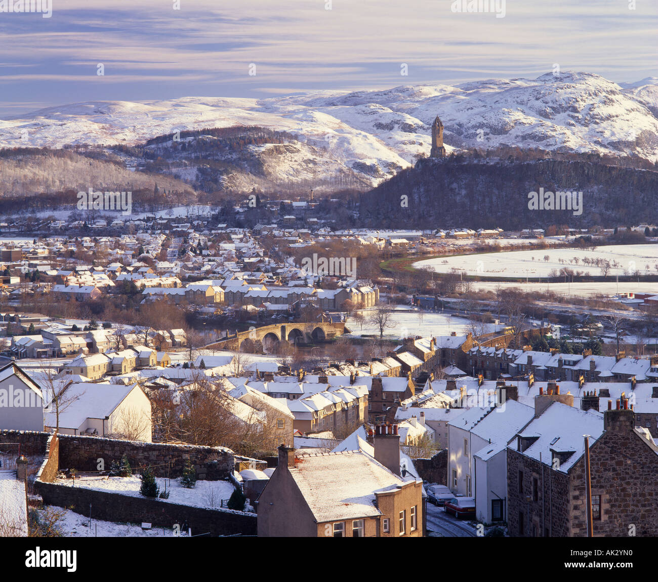 Stirling City, Scotland, UK. View over the Auld Brig to the Wallace ...