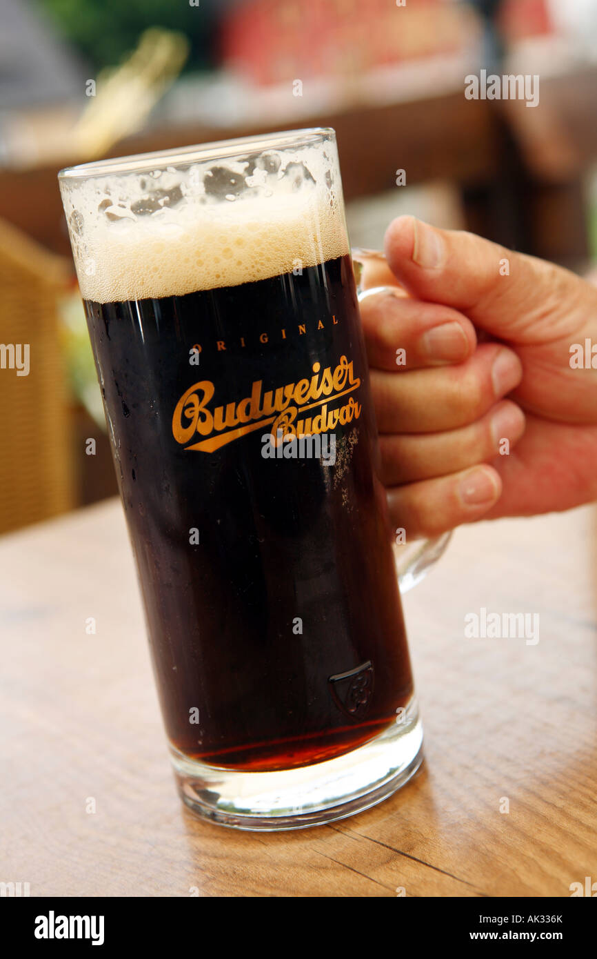A hand holding a glass of dark Budweiser in Cesky Krumlov, South ...