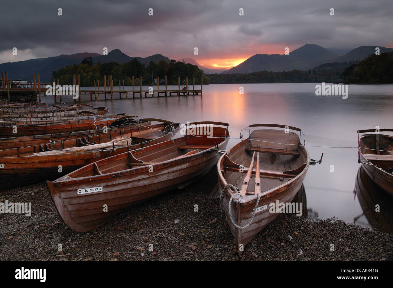 Wooden rowing boats Keswick Landing Stages Derwent Water Lake District ...