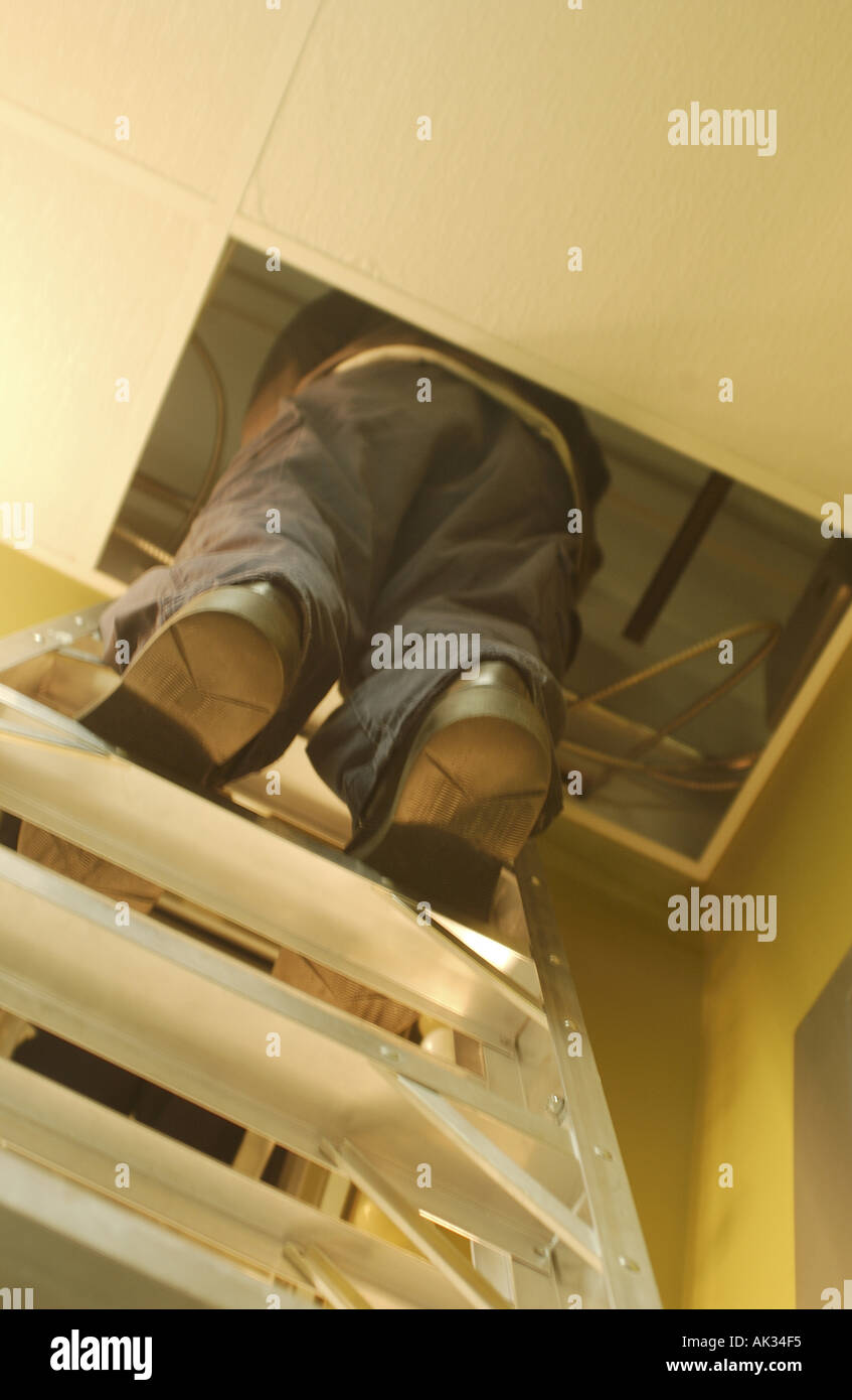 Person on ladder repairing electrical wires in ceiling Stock Photo - Alamy