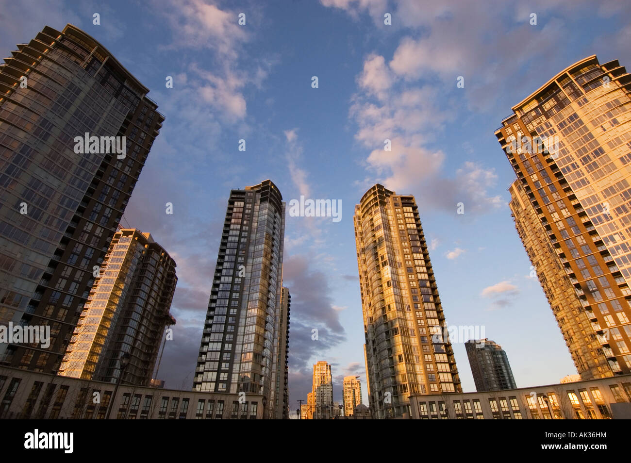 Wide angle view looking up at residential buildings at Concord Pacific ...