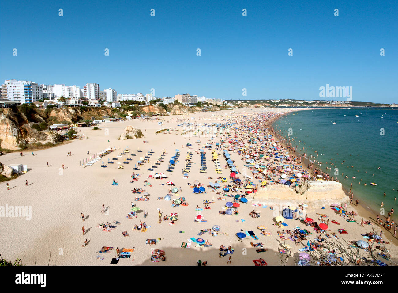 View overlooking the main beach in the resort of Praia da Rocha ...