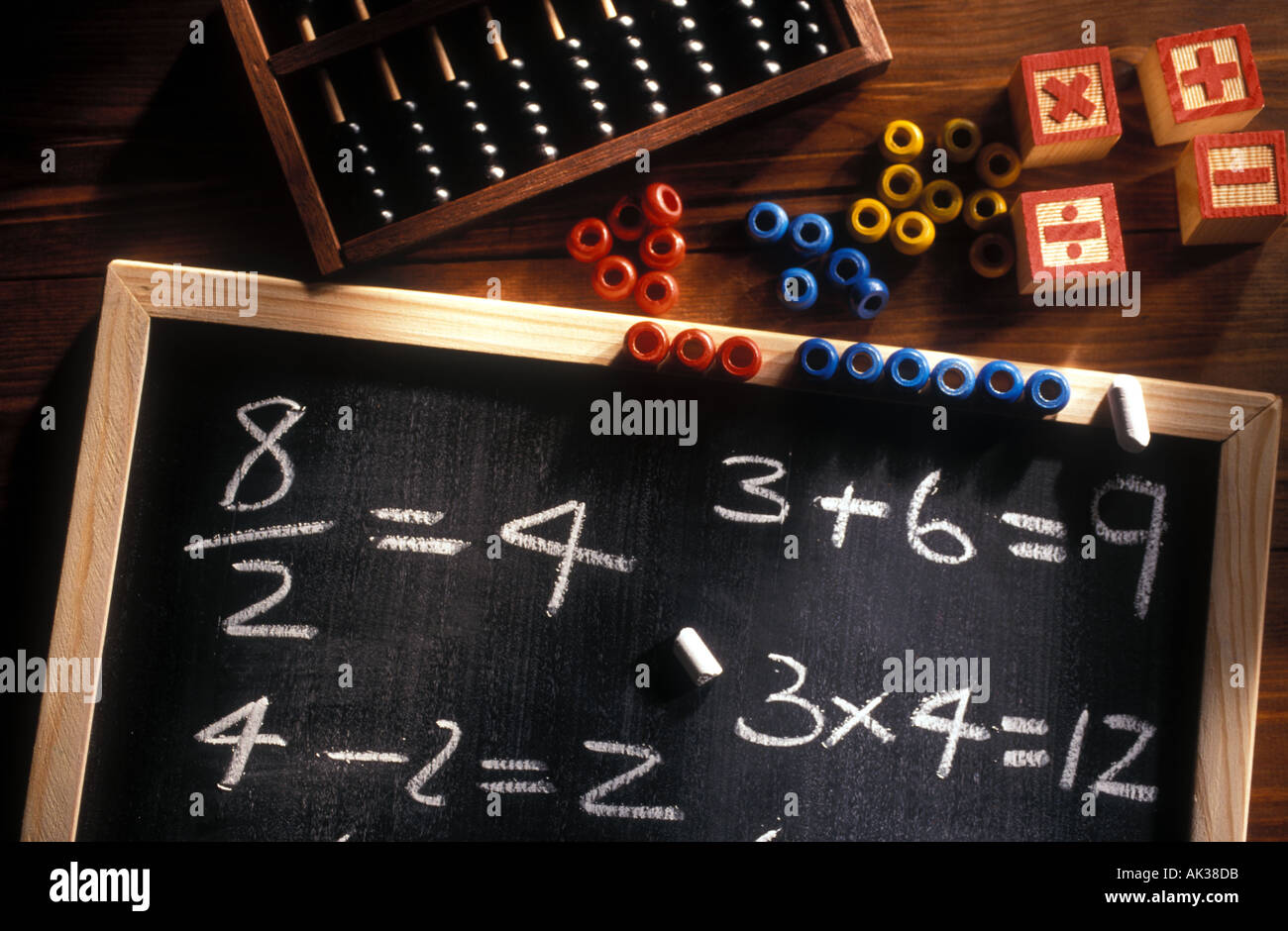 Arithmetic on school slate with abacus Stock Photo - Alamy