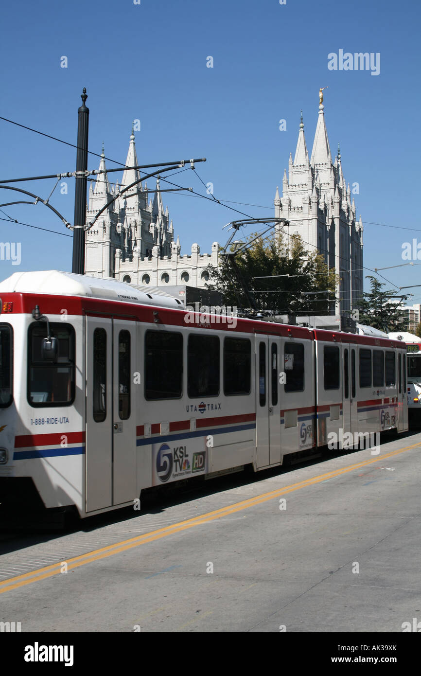 UTA TRAX light rail train on Main Street Salt Lake City with Tabernacle ...