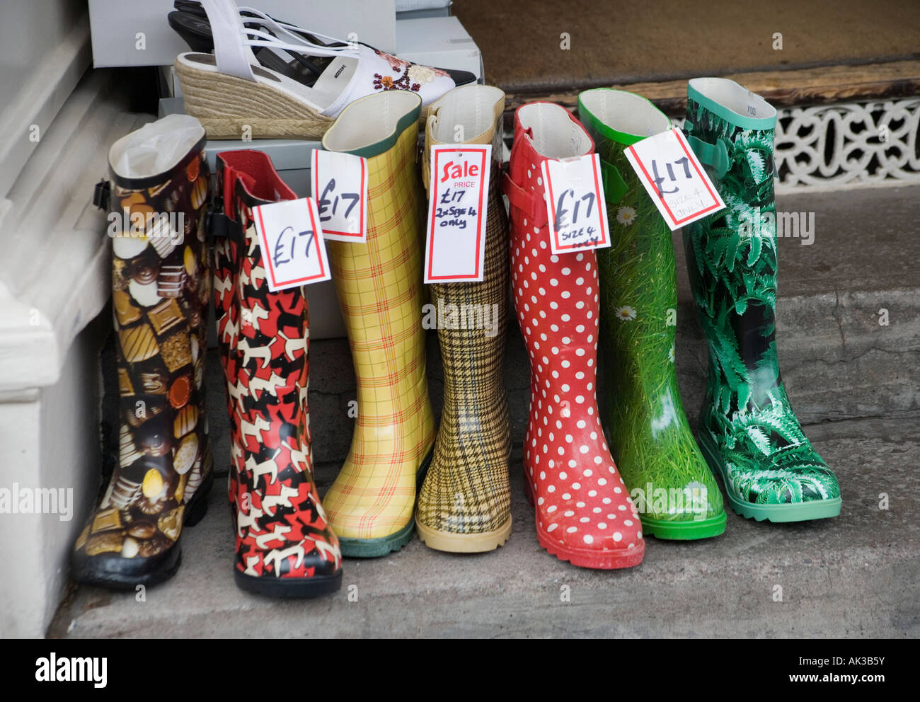 Wellies Shop Display Hay on Wye Wales Stock Photo - Alamy
