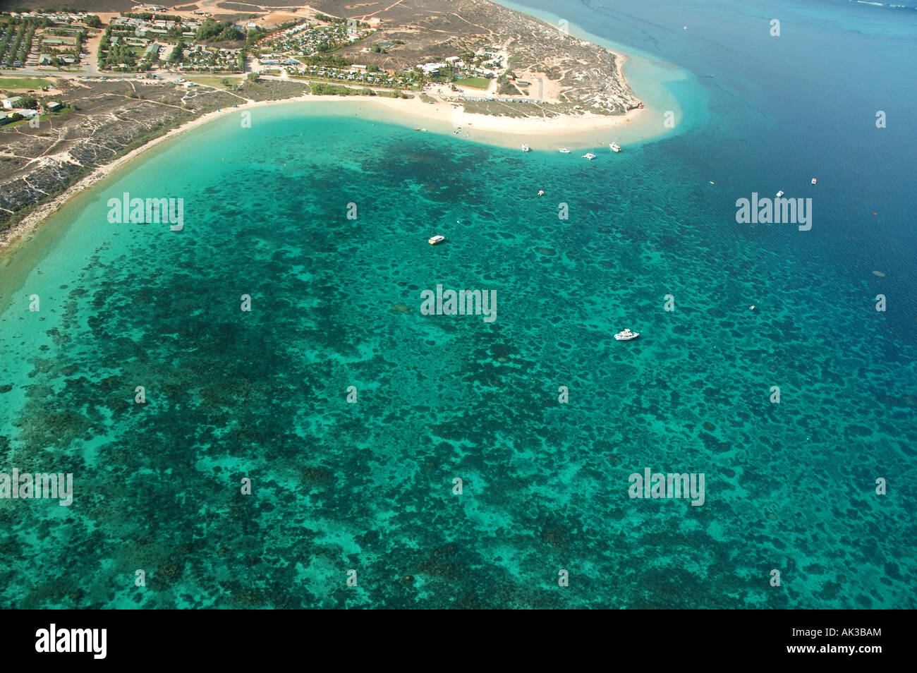 Aerial view of the township boats and reefs of Coral Bay Ningaloo Reef ...