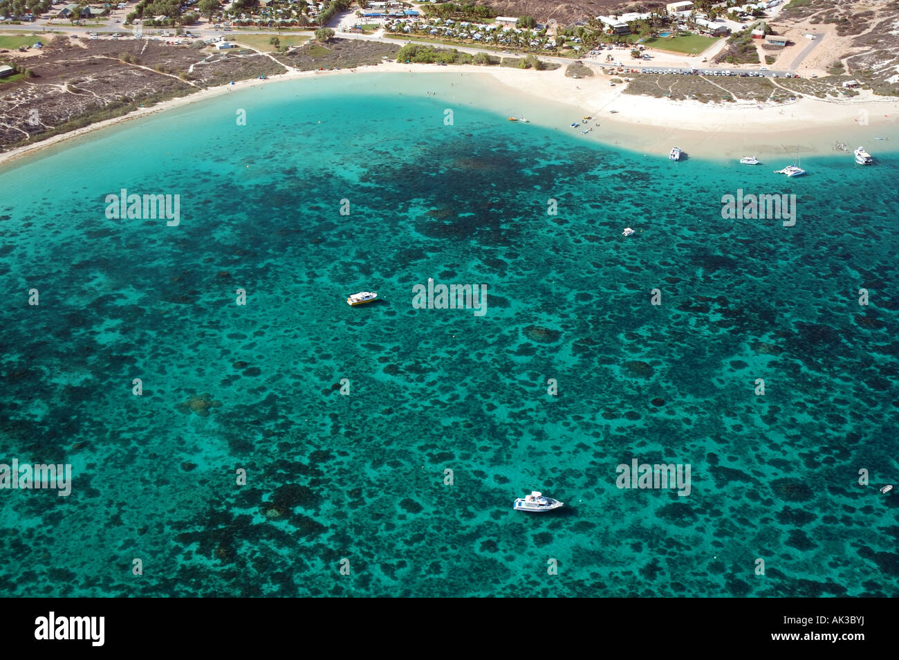 Aerial view of the village of Coral Bay, Ningaloo Reef Marine Park ...