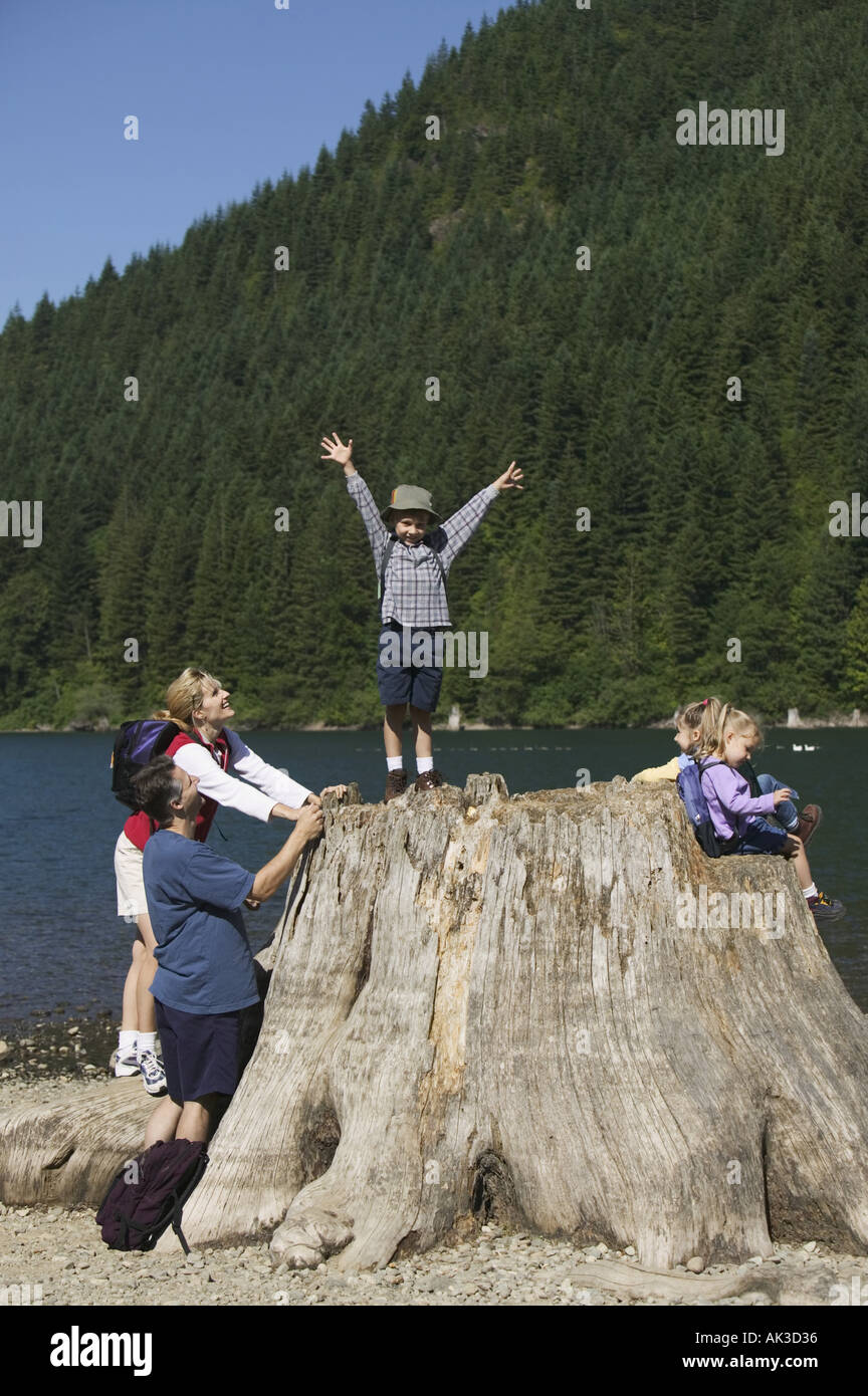 Family hikers playing around a big tree stump Stock Photo - Alamy