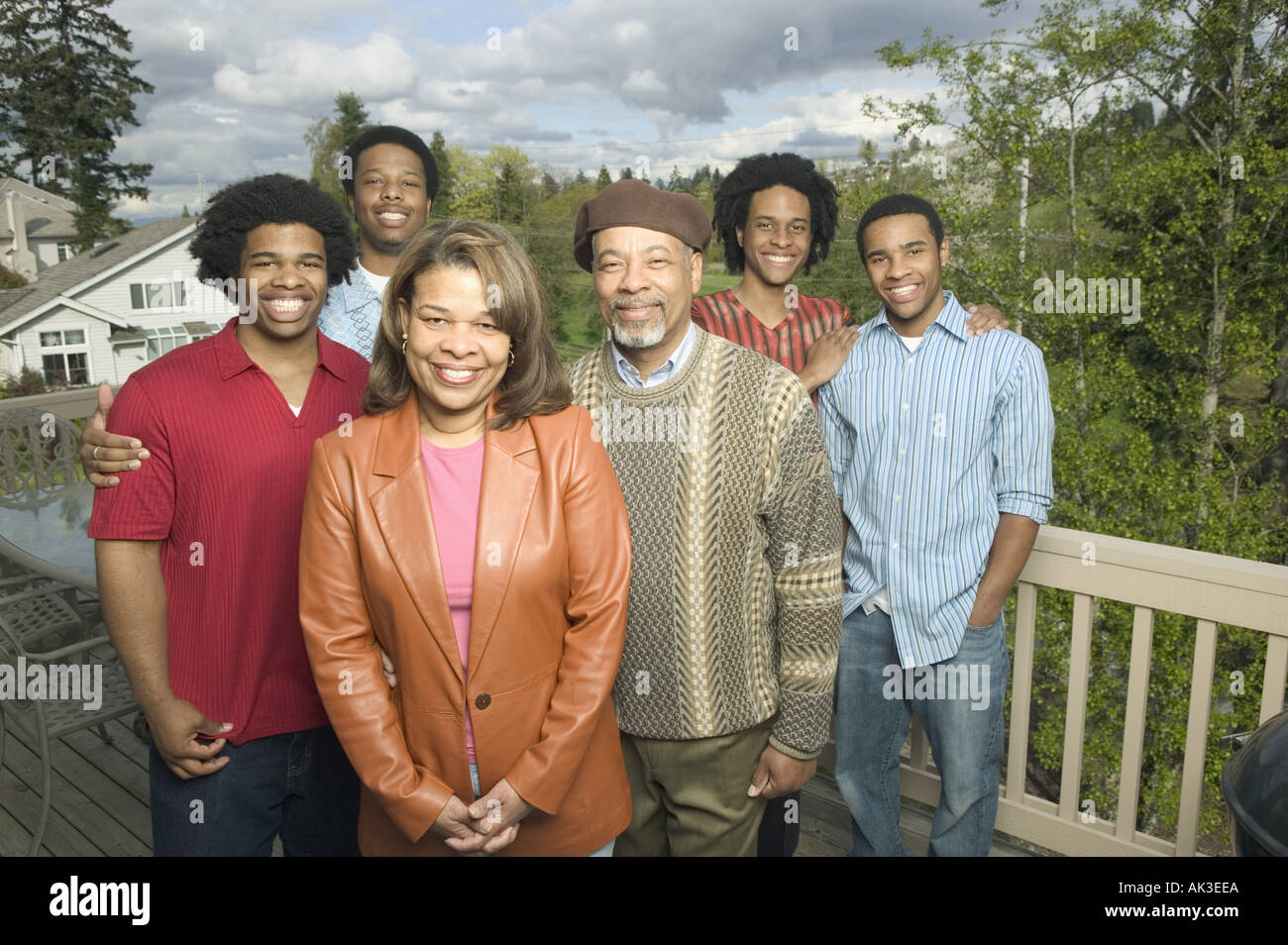 Outdoor family portrait mother father and four grown sons Stock Photo ...