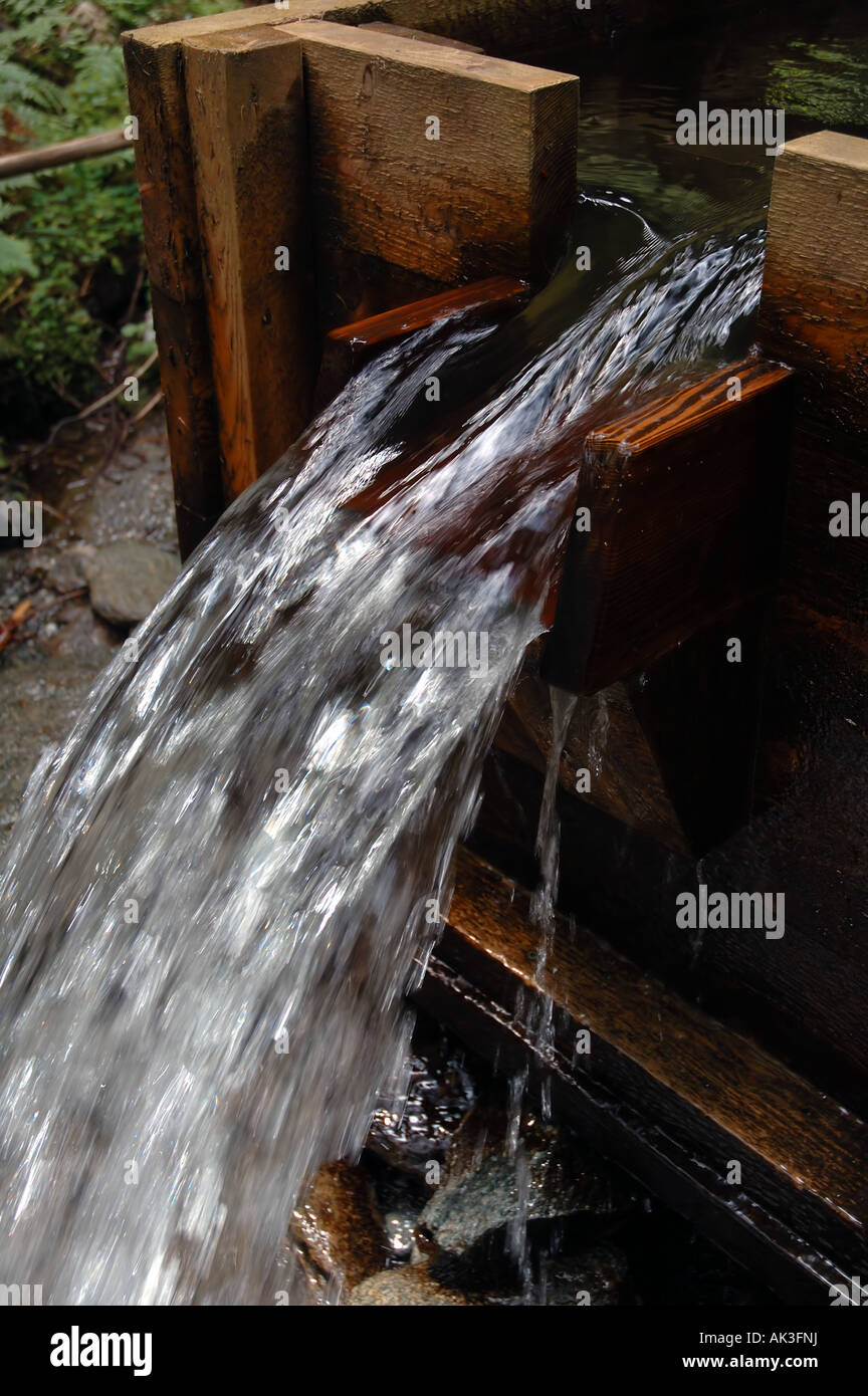 Fresh mountain water flowing from traditional wooden trough in the ...