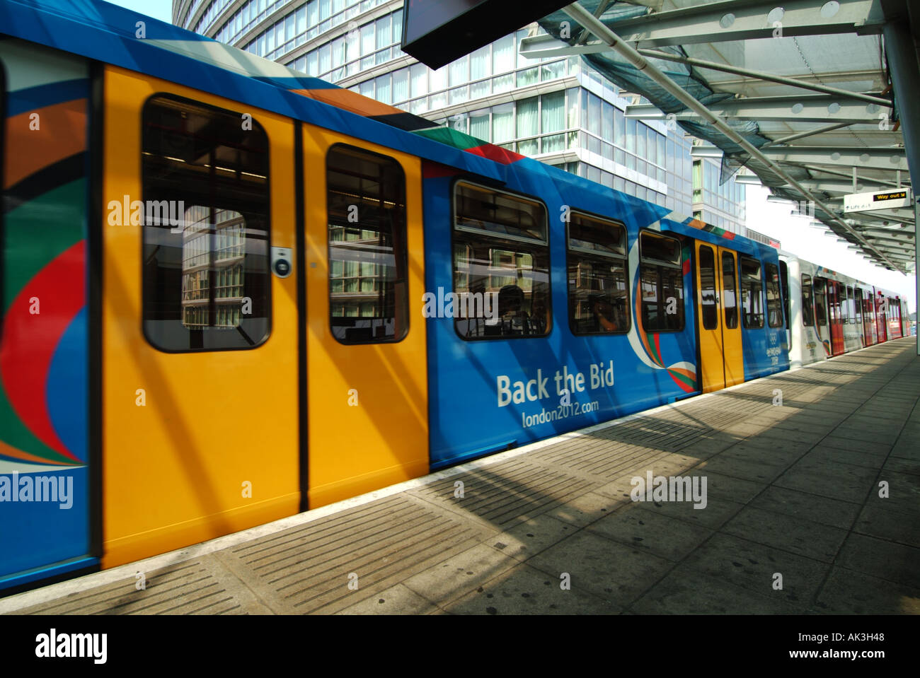 Docklands Light Railway train carriages over painted with graphics ...