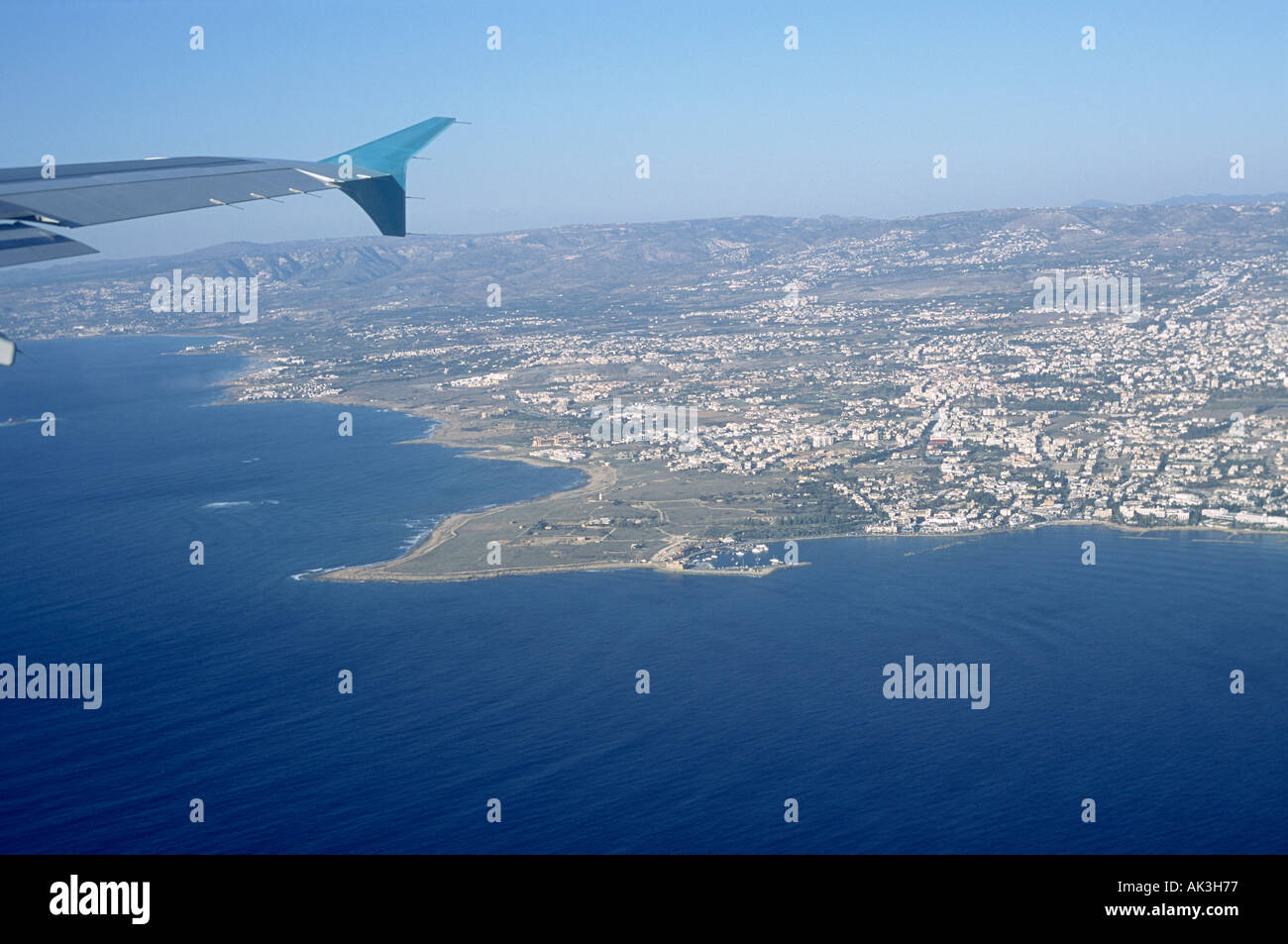 Aerial photo of Pafos South West Cyprus with plane wing in view Stock ...