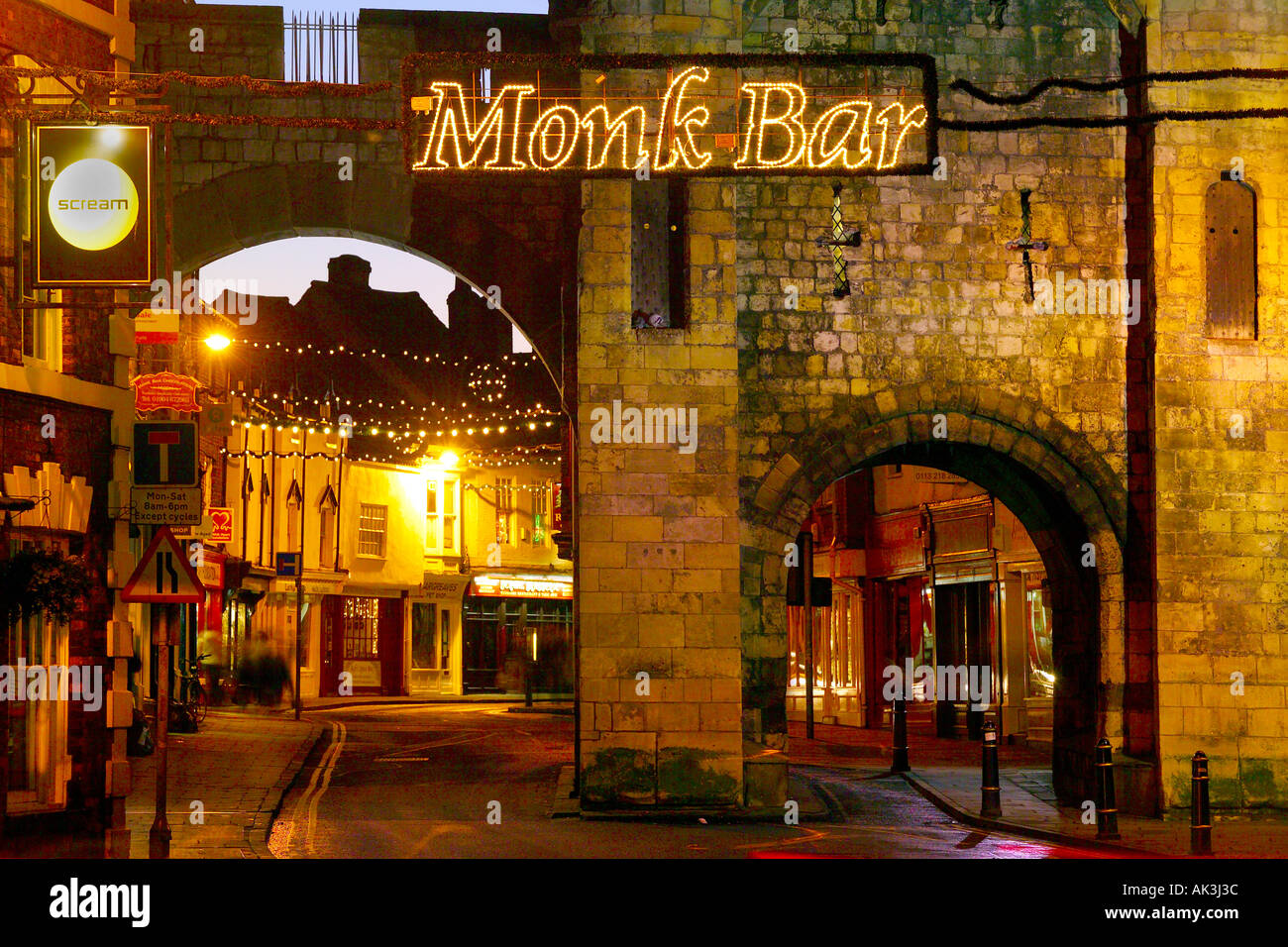 Monk Bar at dusk, adorned with 'Monk Bar' in lights for Christmas. York ...