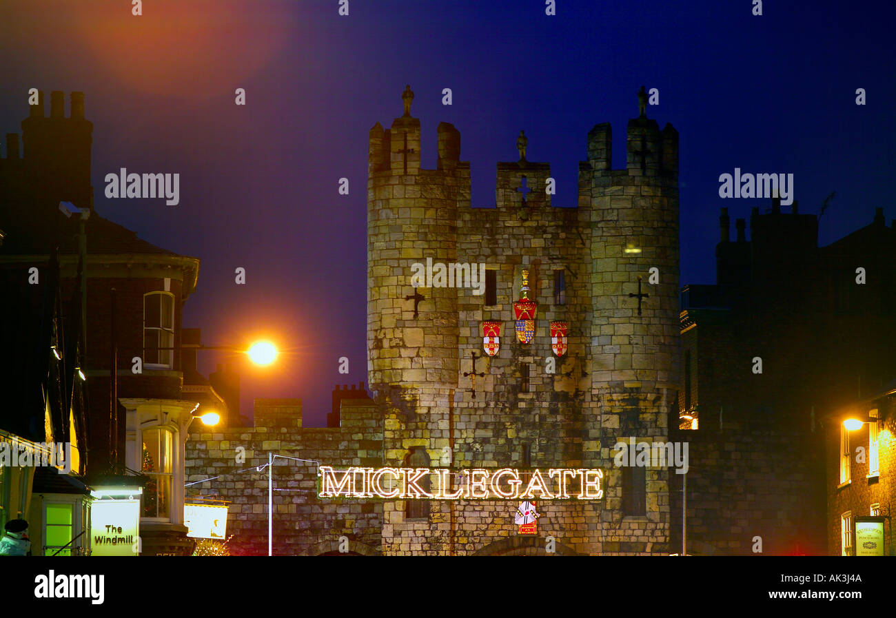 Micklegate Bar at night, adorned with 'Micklegate' in lights for ...