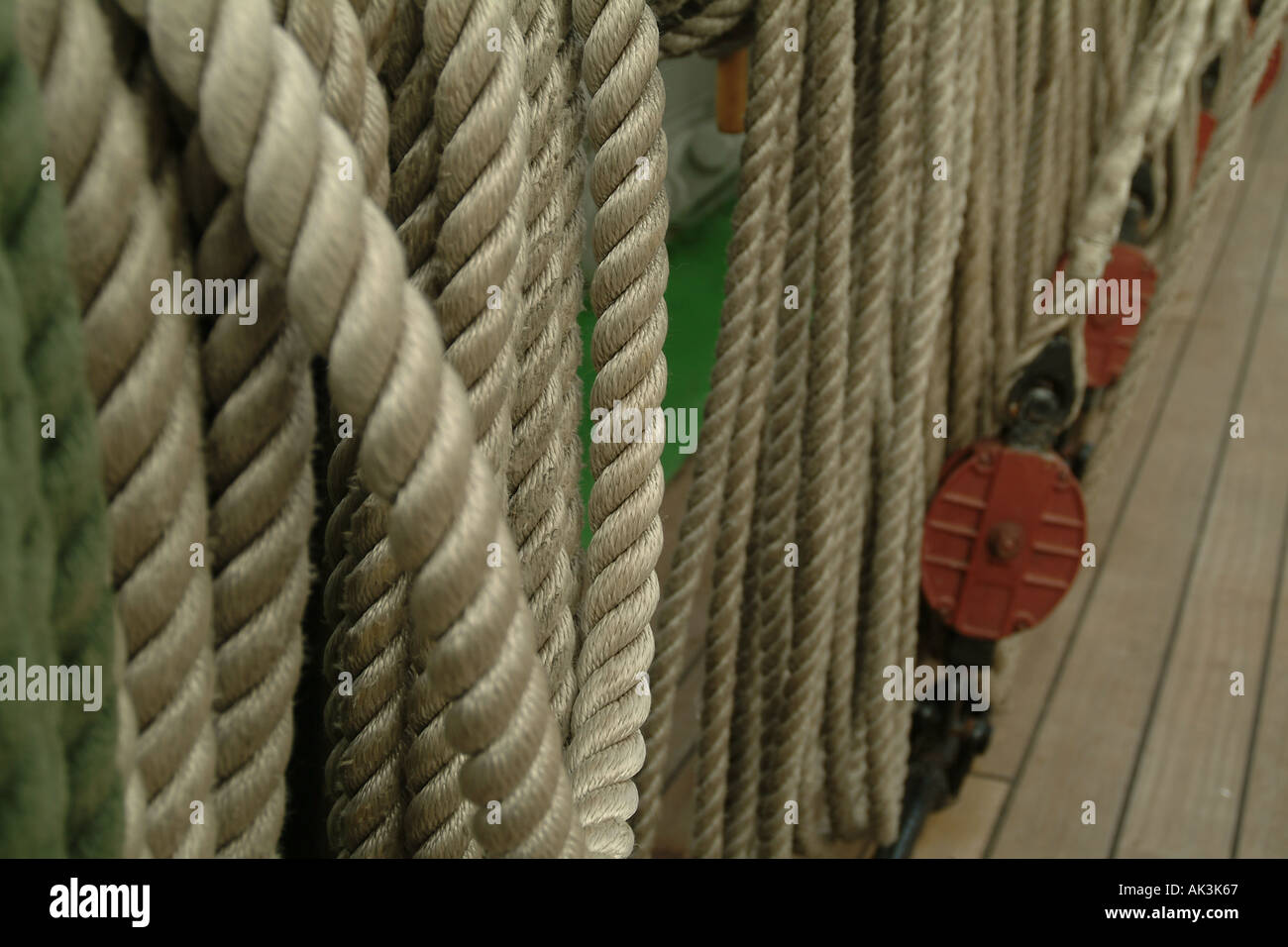 Ropes on the deck of a traditional sailing ship Stock Photo - Alamy