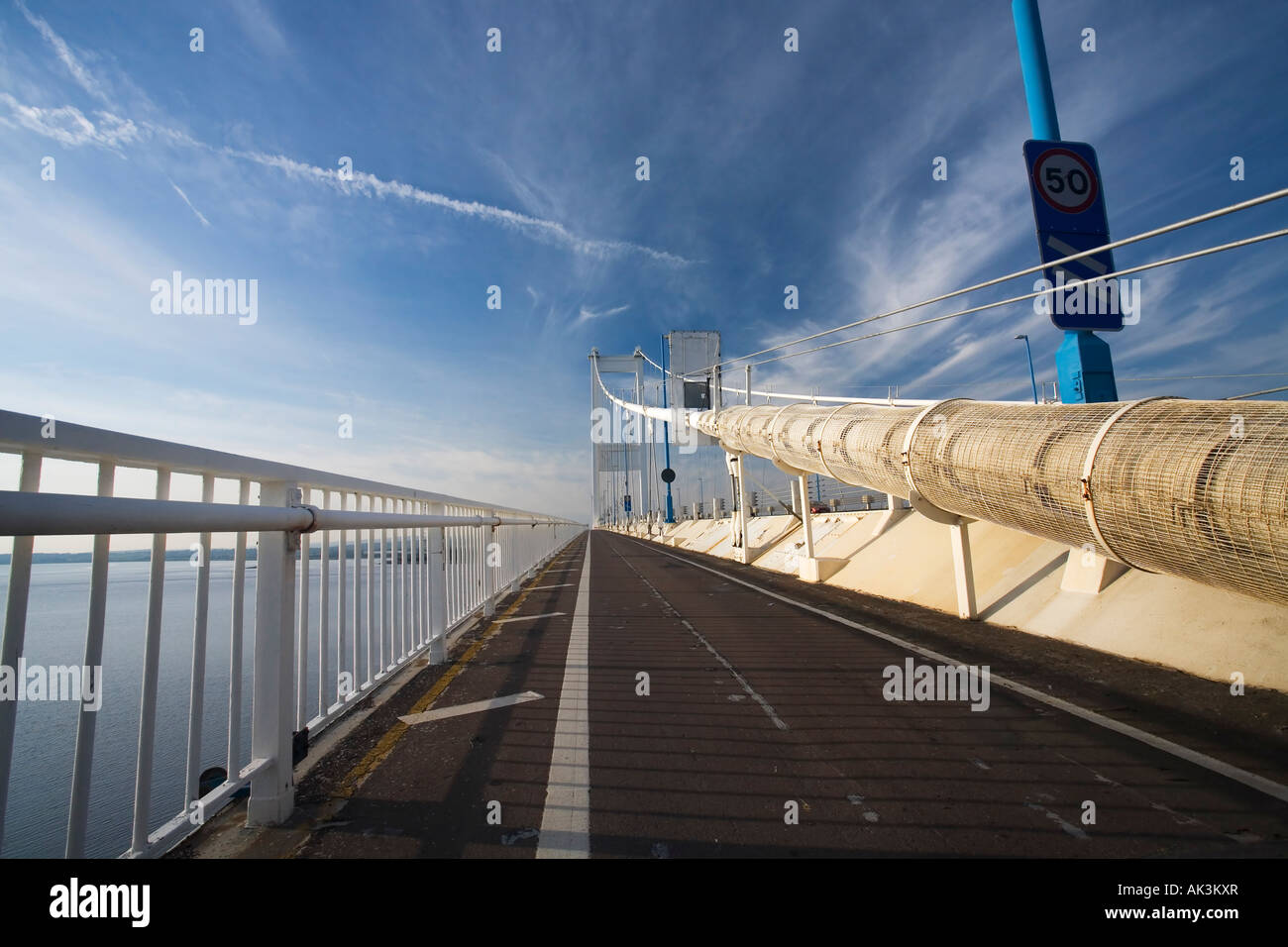 Old original severn road bridge bright autumn day sun blue sky silver ...