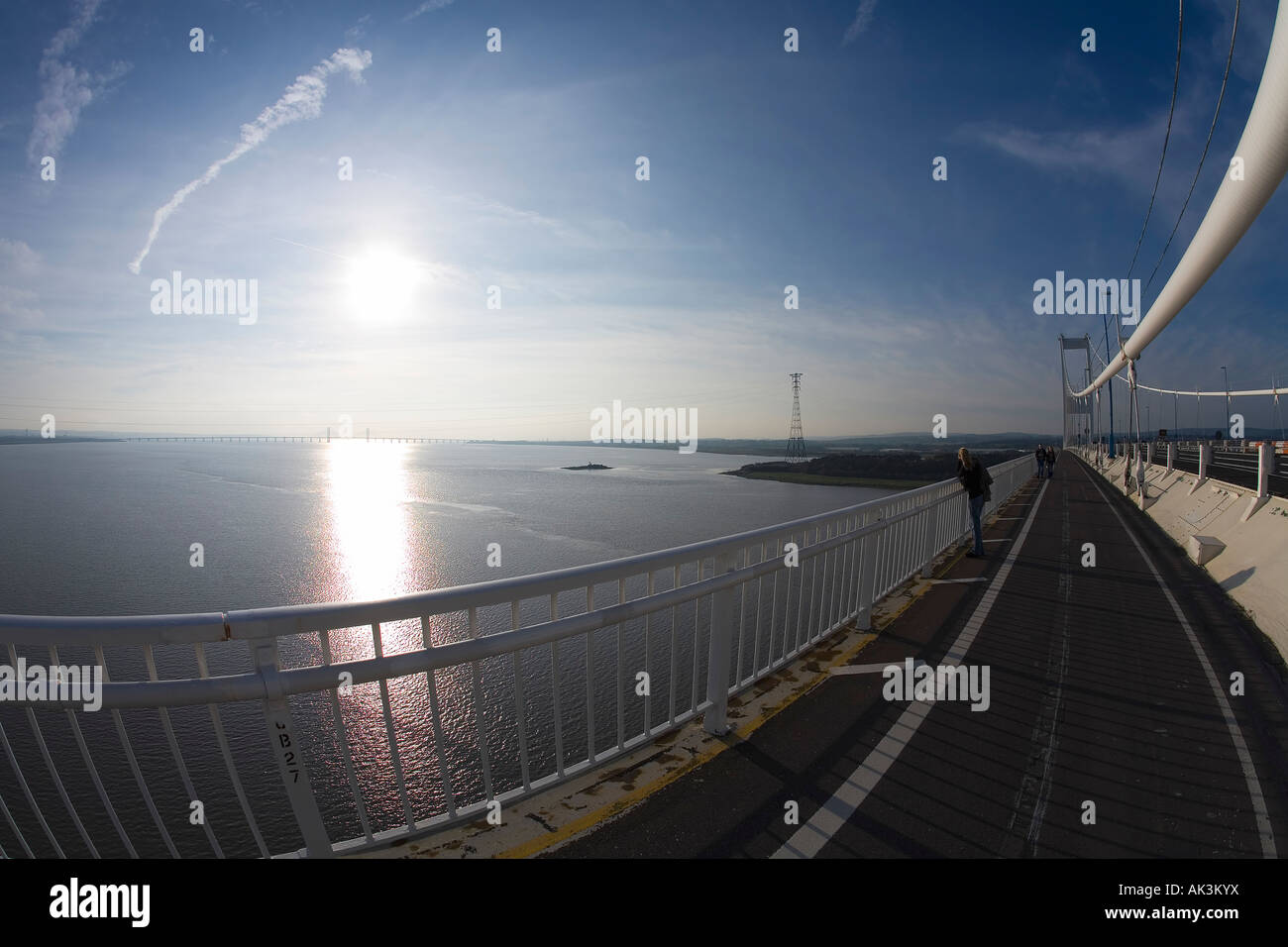 Old severn road bridge first original on bright autumn day with sun and ...