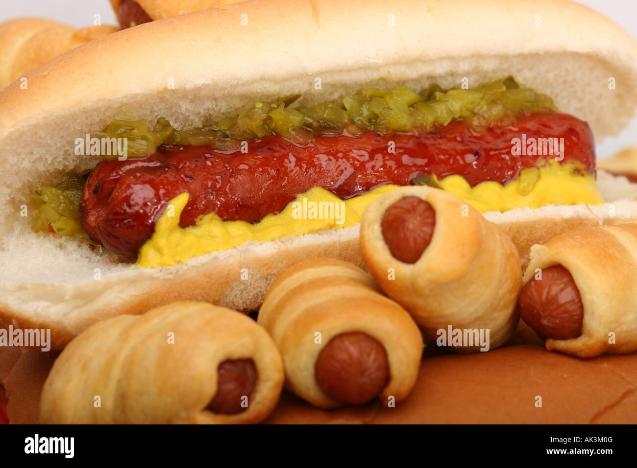 Hot dog with roasted sausage with finger rolls closeup close up from ...