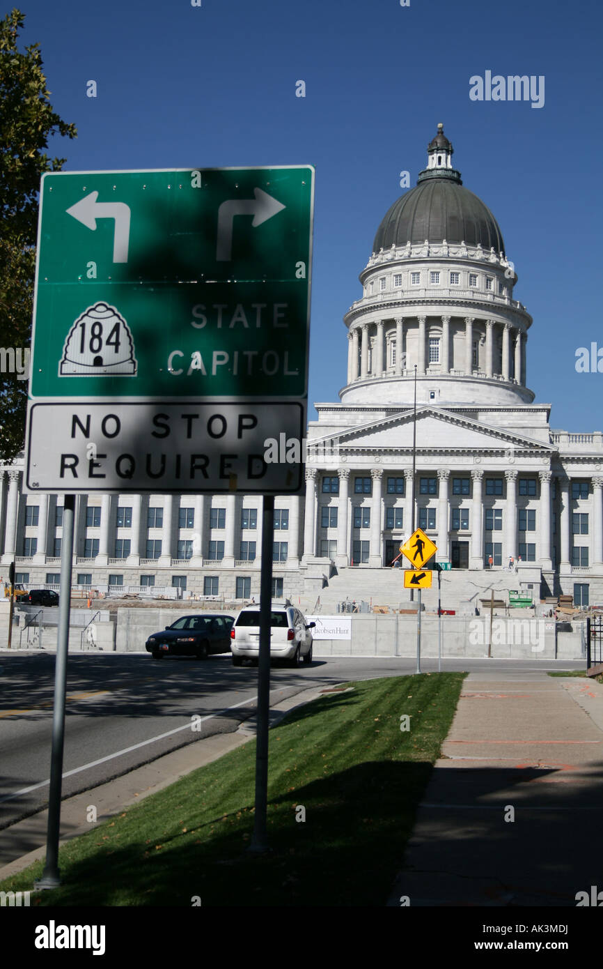 Utah State capitol in Salt Lake City and road sign with beehive highway ...