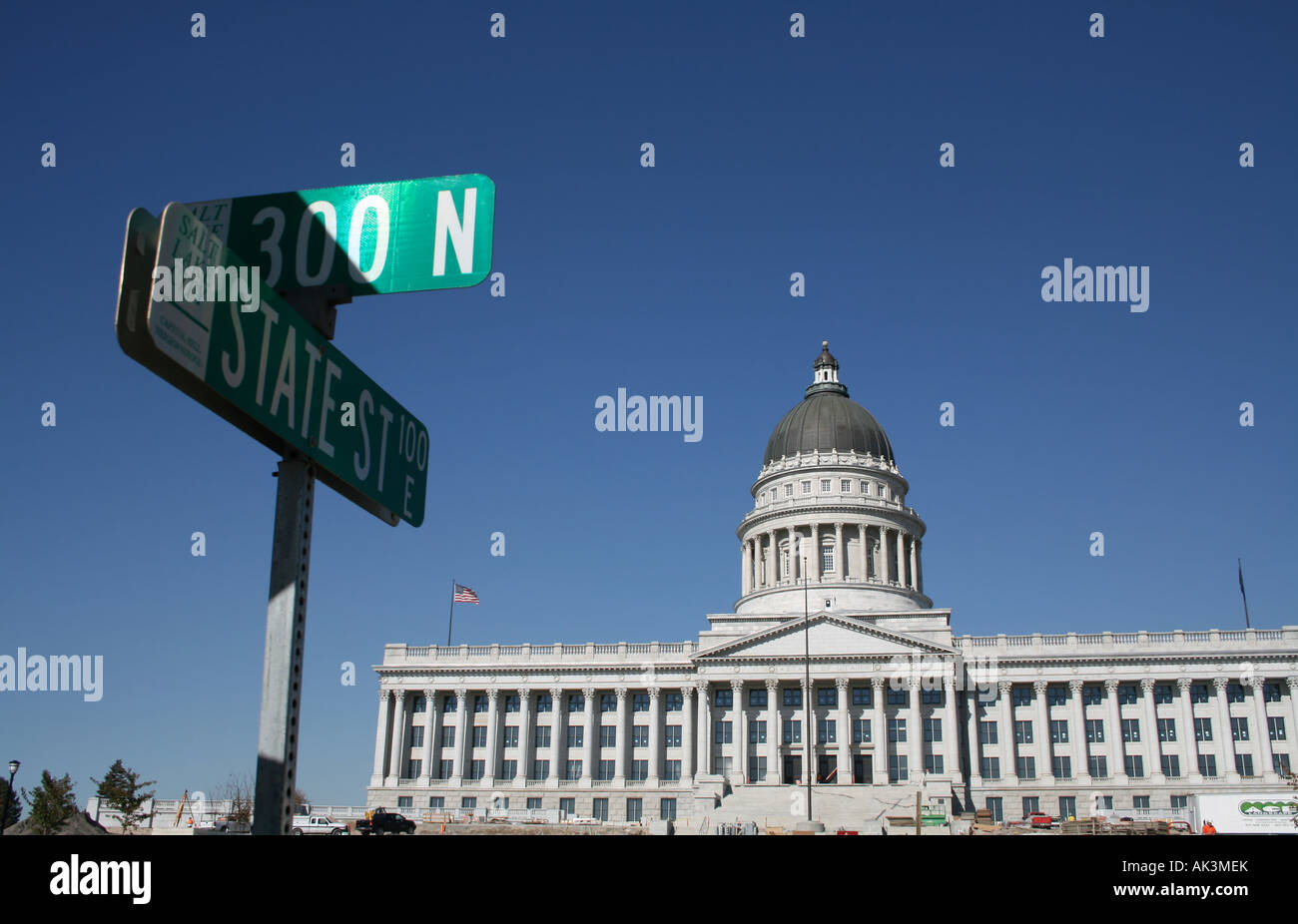 Utah State capitol in Salt Lake City with road signs intersection of ...