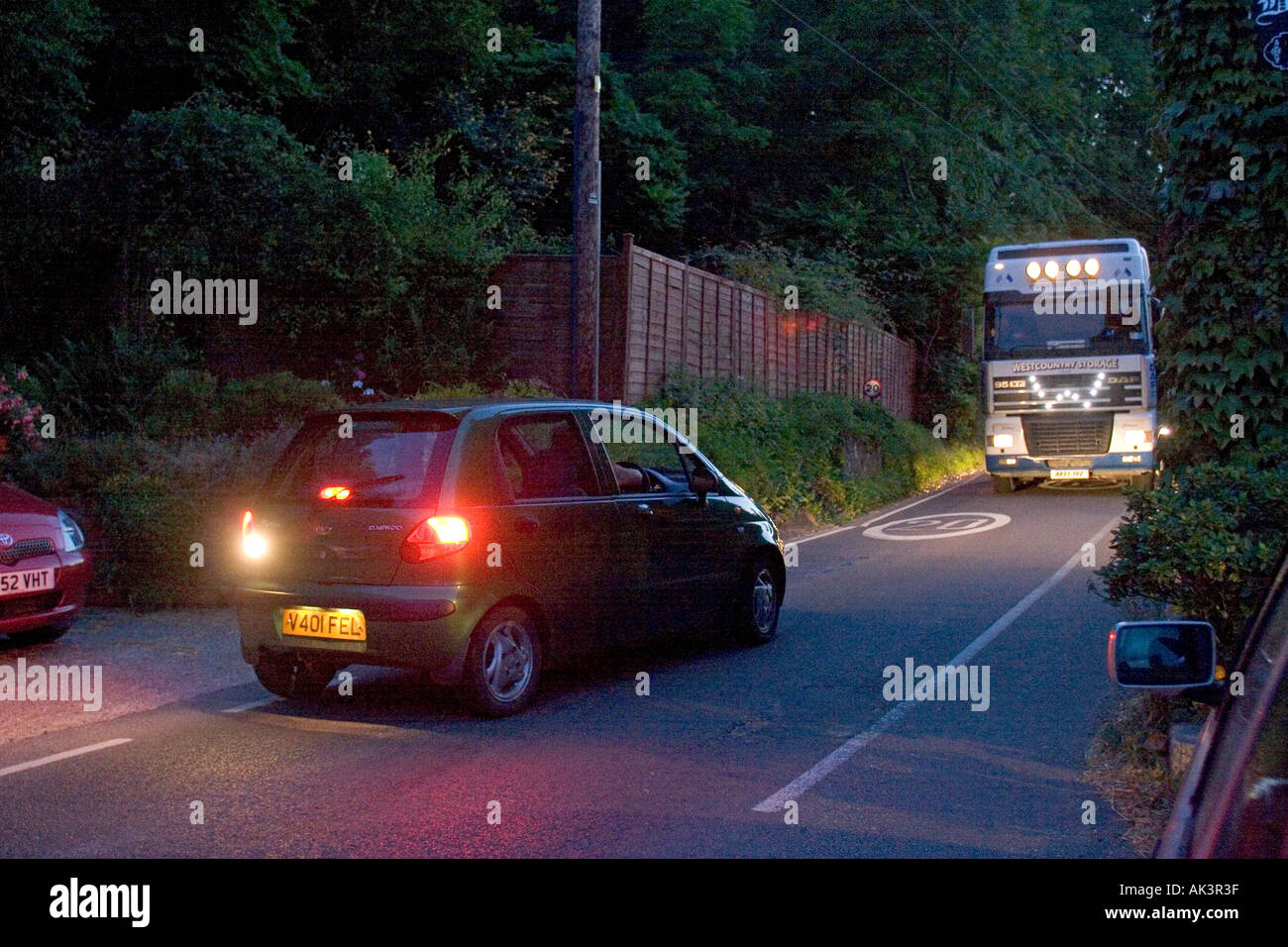 Articulated lorry blocking country lane at night Wiltshire UK Stock ...