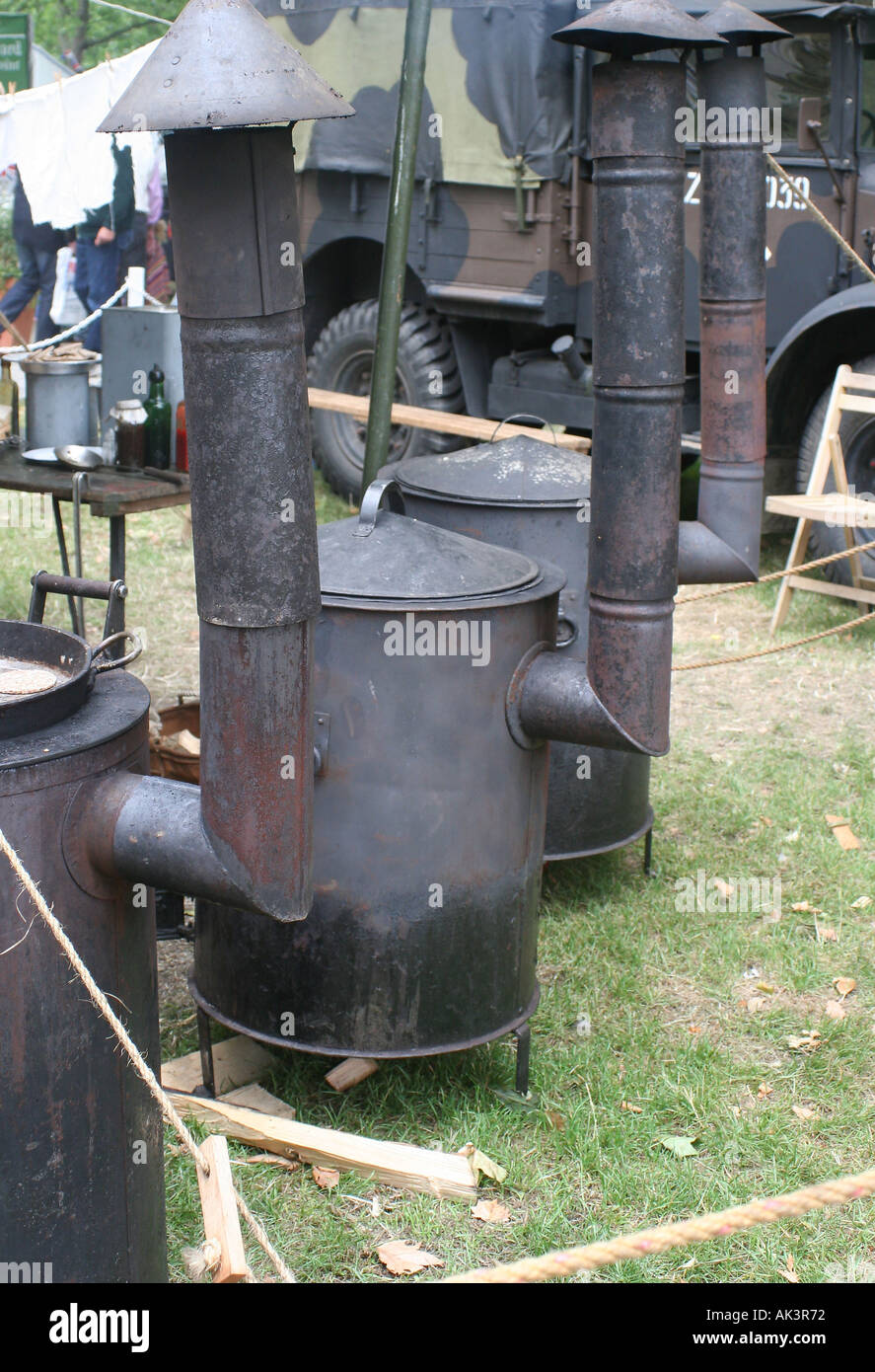 Authentic British World War Two cookers boiling up water at a re ...
