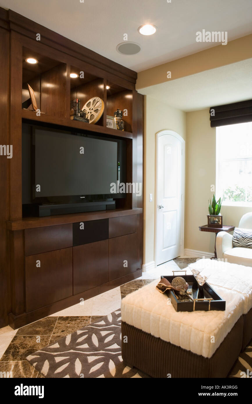 Living Room with Large Entertainment Center Stock Photo - Alamy
