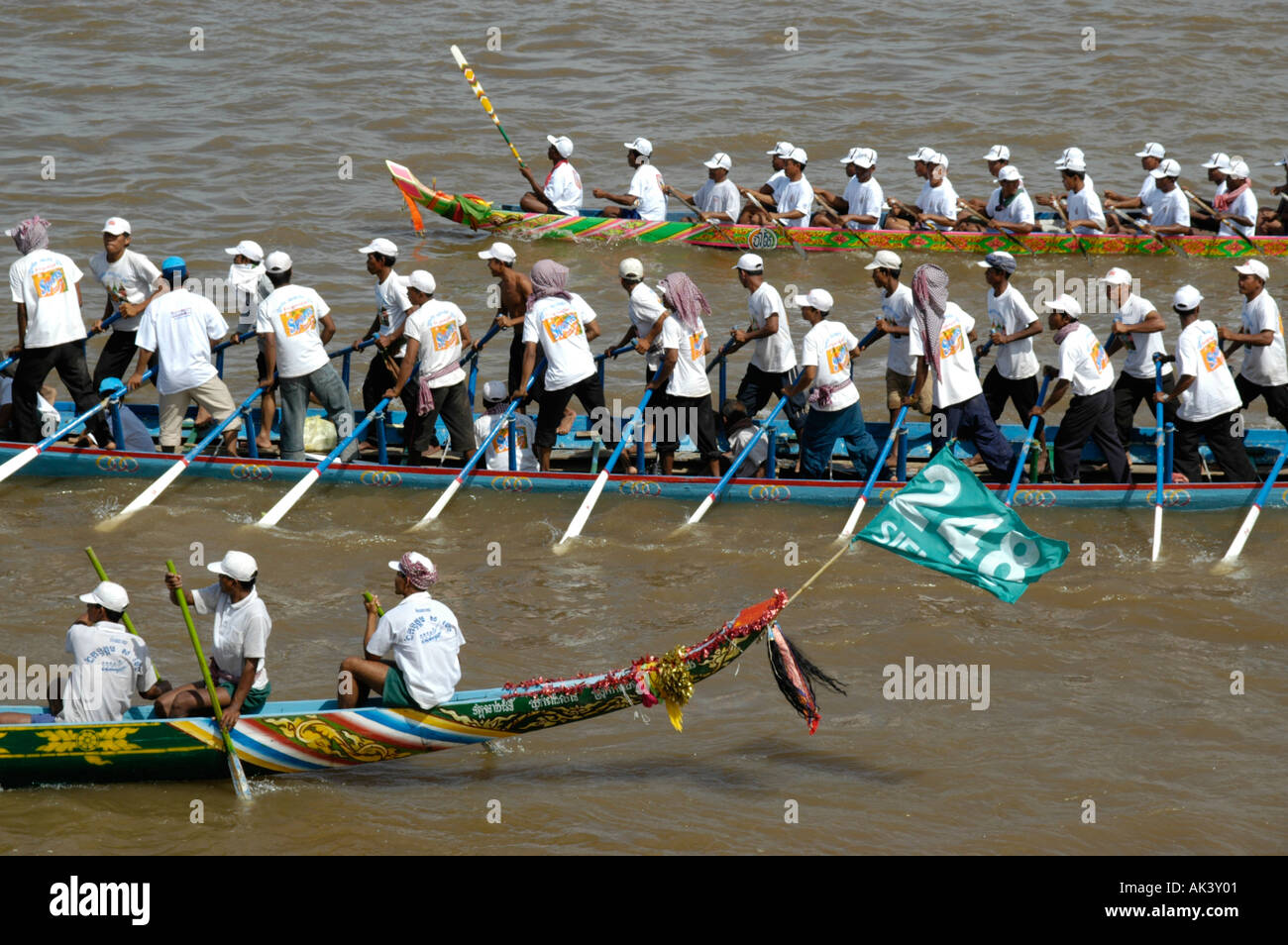 Big rowing boats in competition with many rowers Water Festival Phnom ...